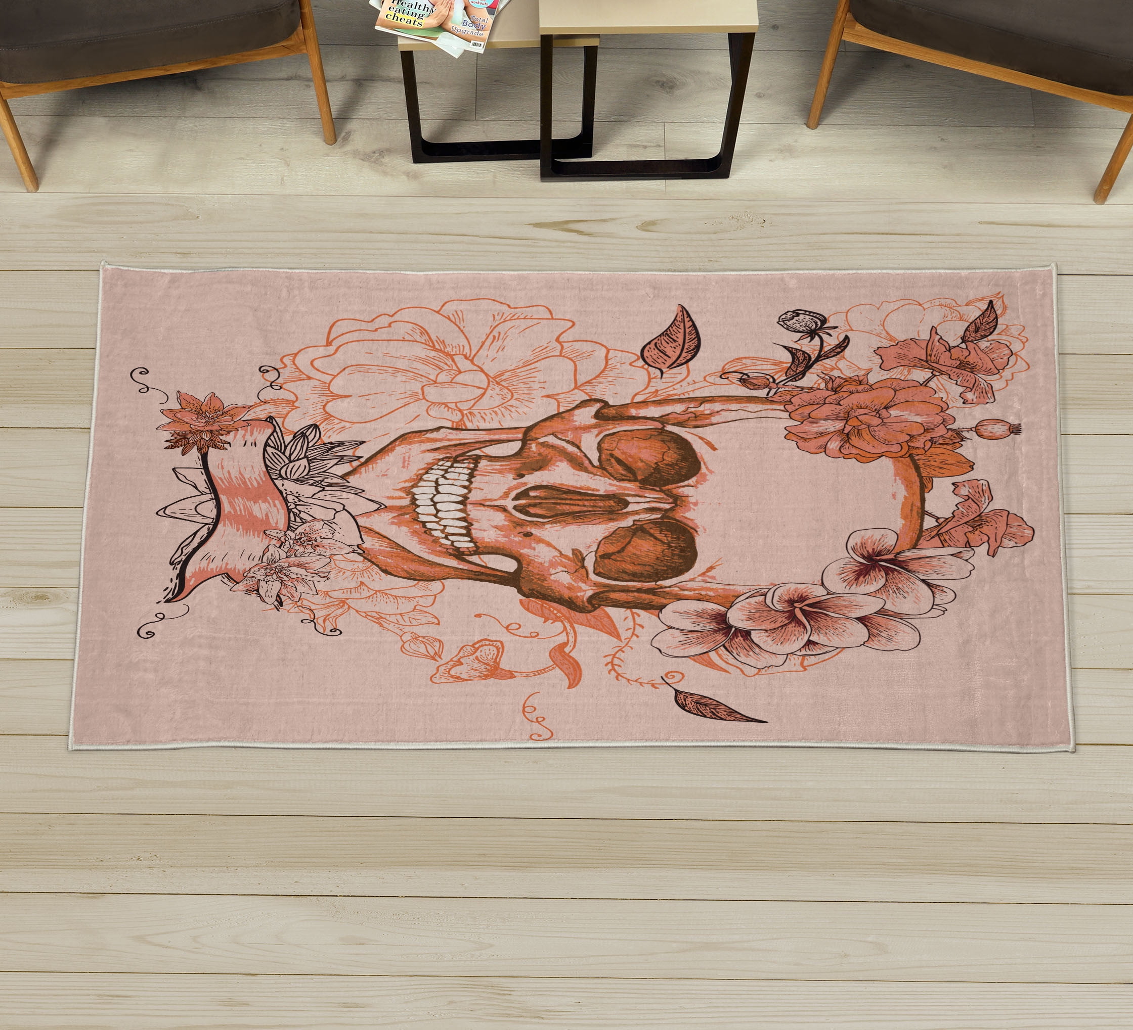 Grunge Decorative Rug, Skull and Flowers Day of the Dead Mexican ...