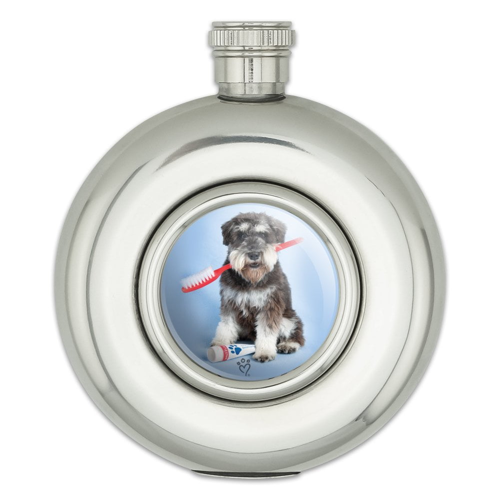 Schnauzer Puppy Dog with Toothbrush Dentist Round Stainless Steel 5oz ...