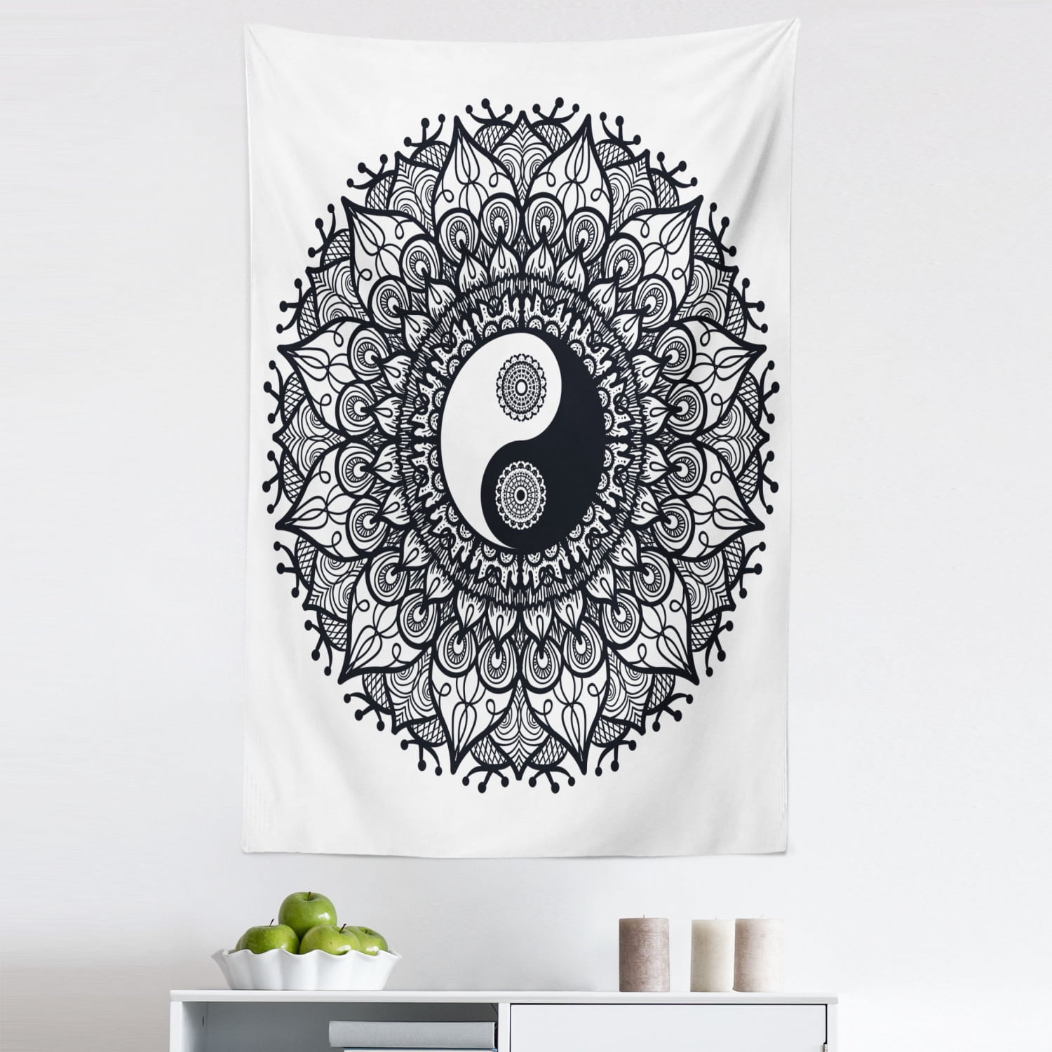 Ying Yang Tapestry, Bohemian Style Tao in Floral Mandala Design ...