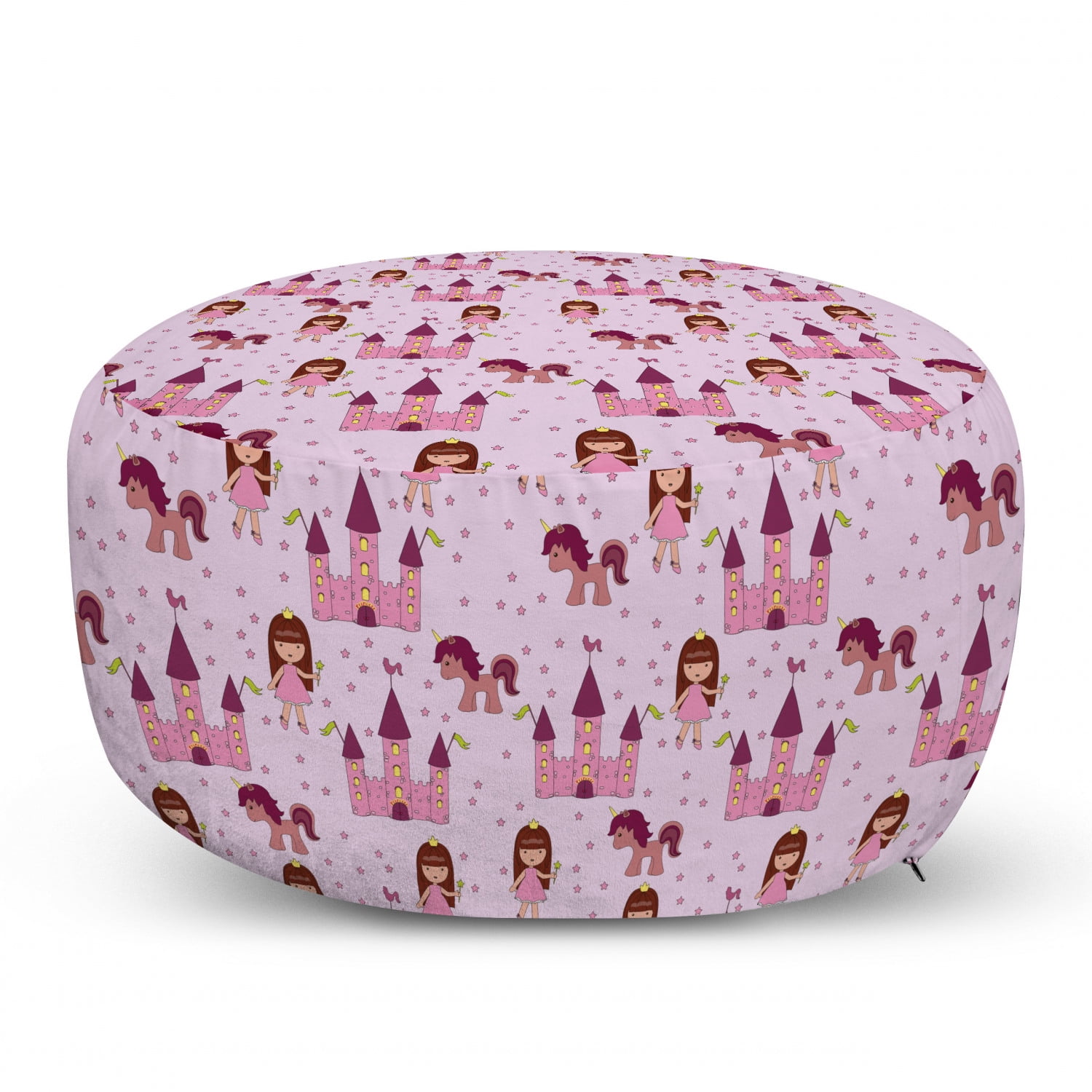 Fantasy Pouf Cover with Zipper, Cartoon with Castle and Unicorn Stars ...
