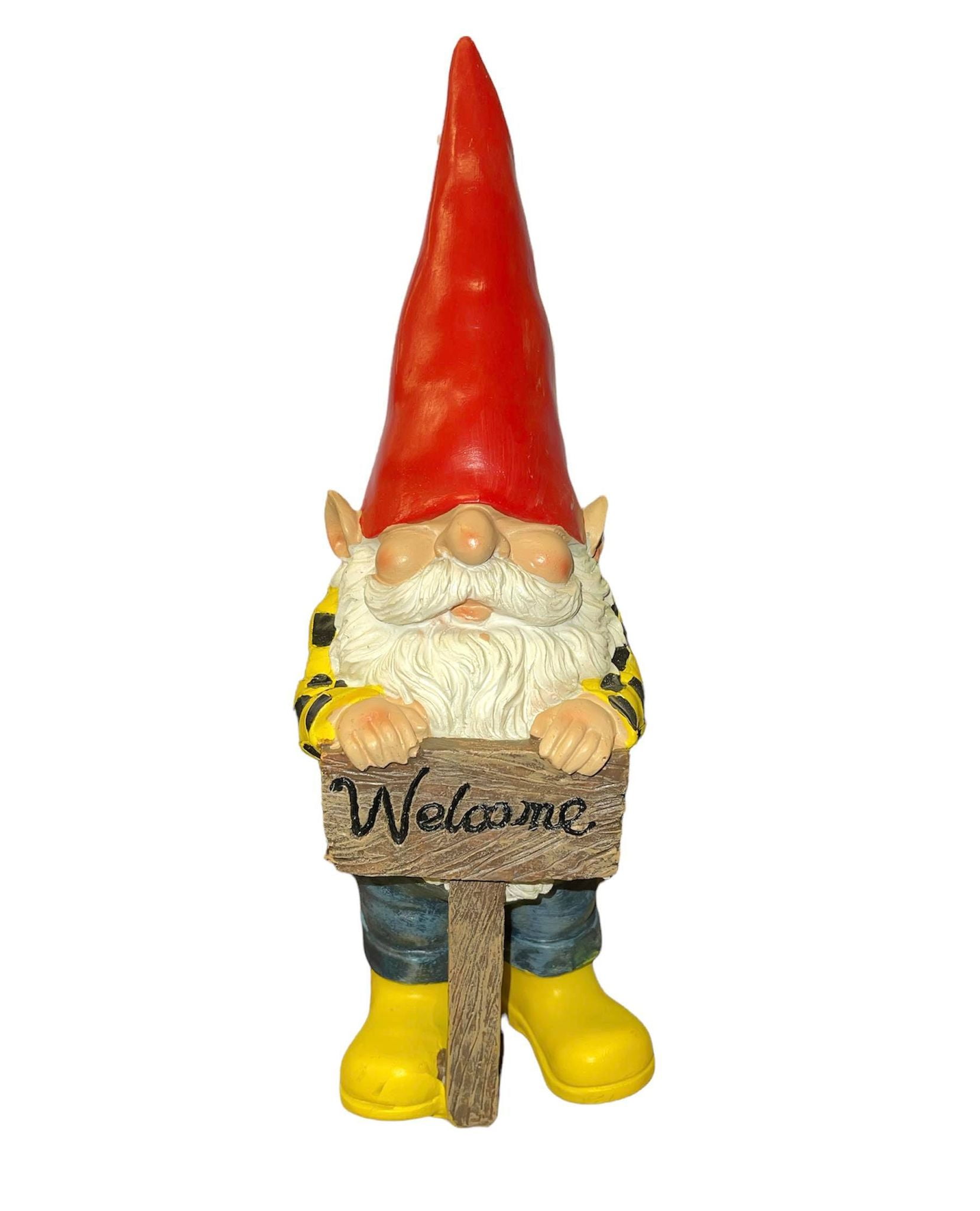 12" Resin Garden Gnome with Yellow Checkered Shirt and Welcome Sign ...
