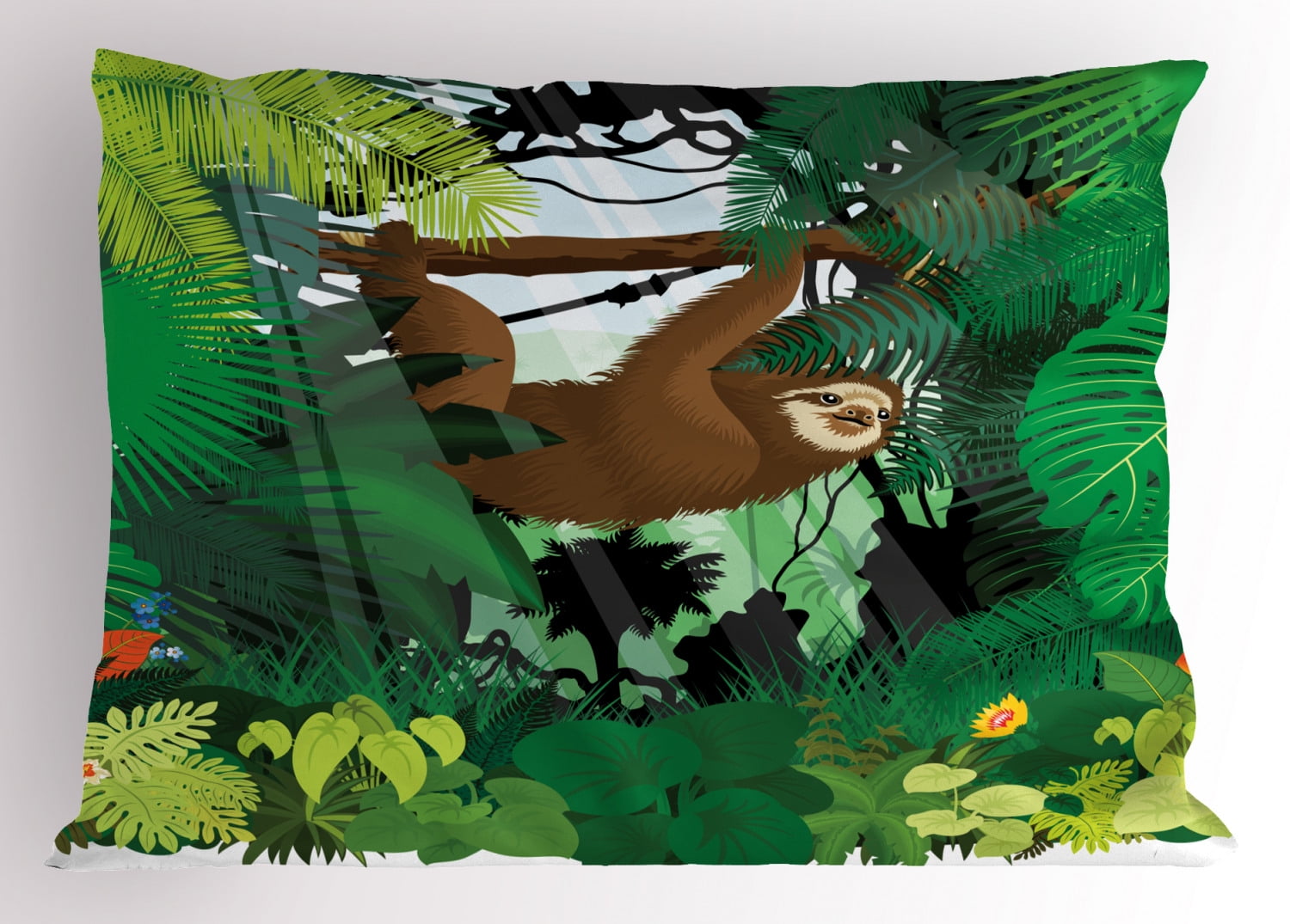 Sloth Pillow Sham Vibrant Exotic Rainforest with Various Plants and ...