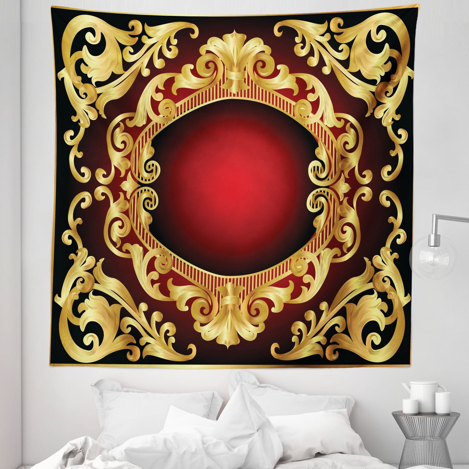 Yellow Damask Tapestry, Graphic Image Baroque Inspired Curvy Frame ...
