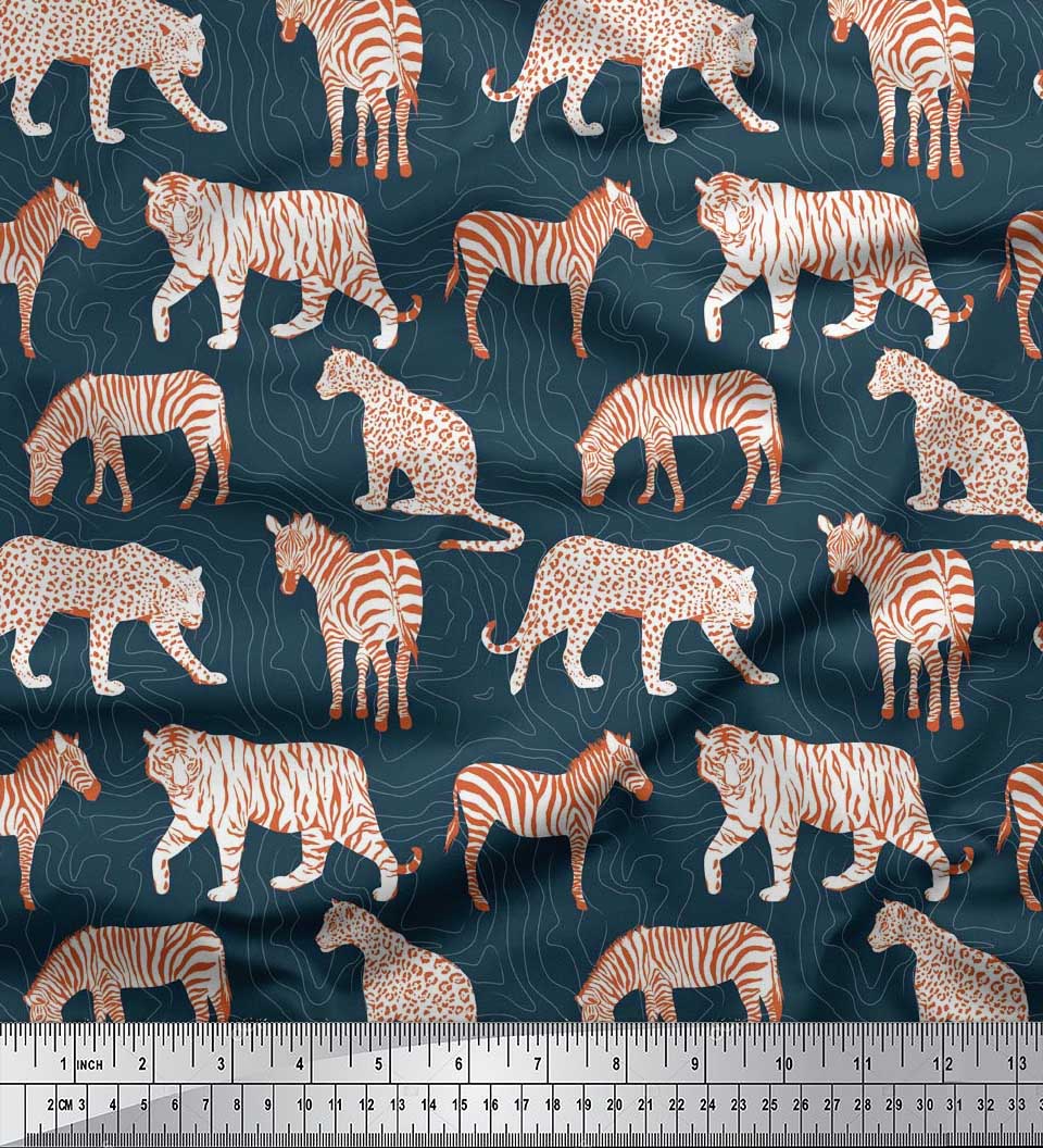 Soimoi Blue Satin Silk Fabric Tiger,Leopard & Wild Animal Print Fabric ...