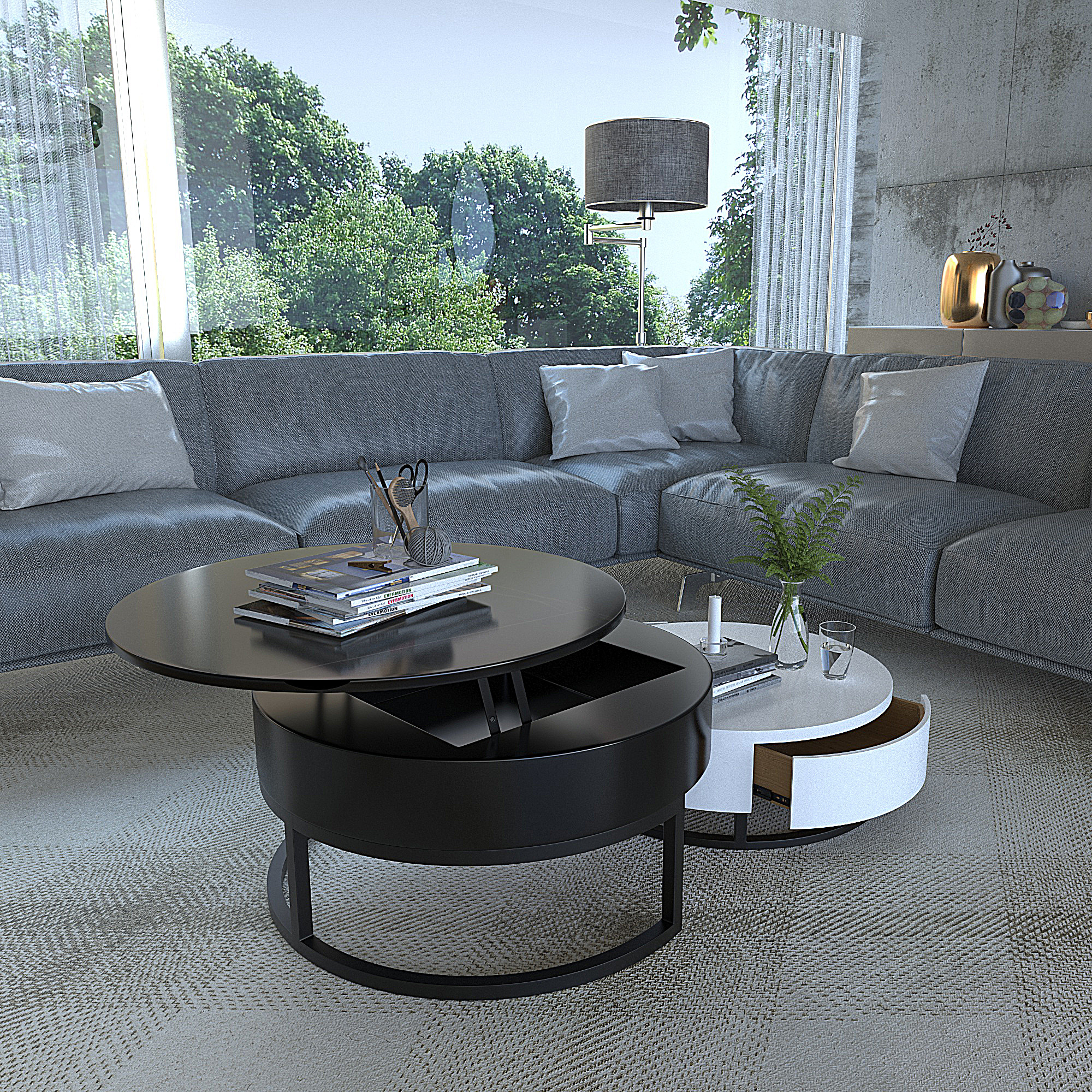 Magic Home Modern Round Lift-Top Coffee Table Nesting Sofa Table 360 ...