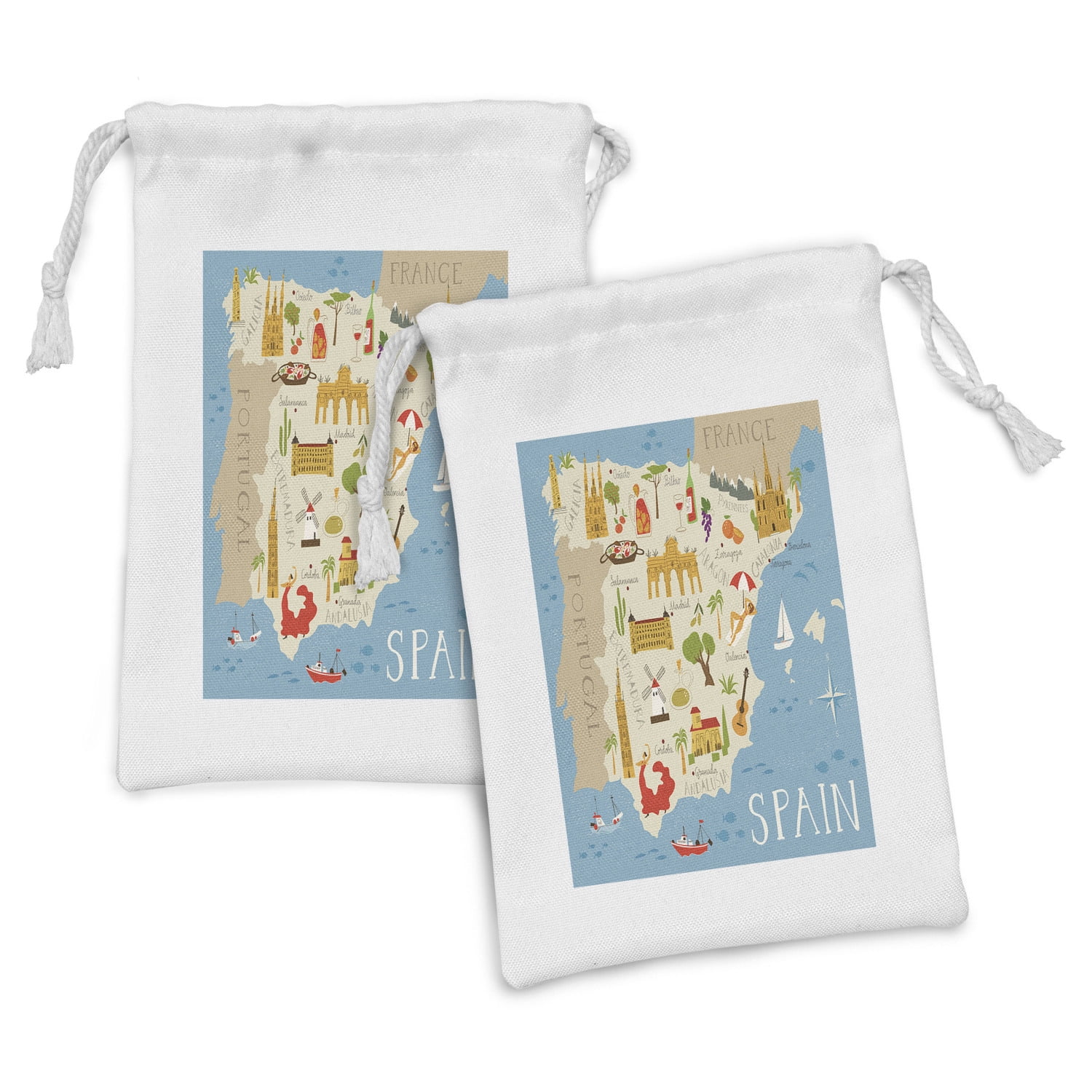Travel Fabric Pouch Set of 2, High Detailed Spain Mapping Calligraphy ...
