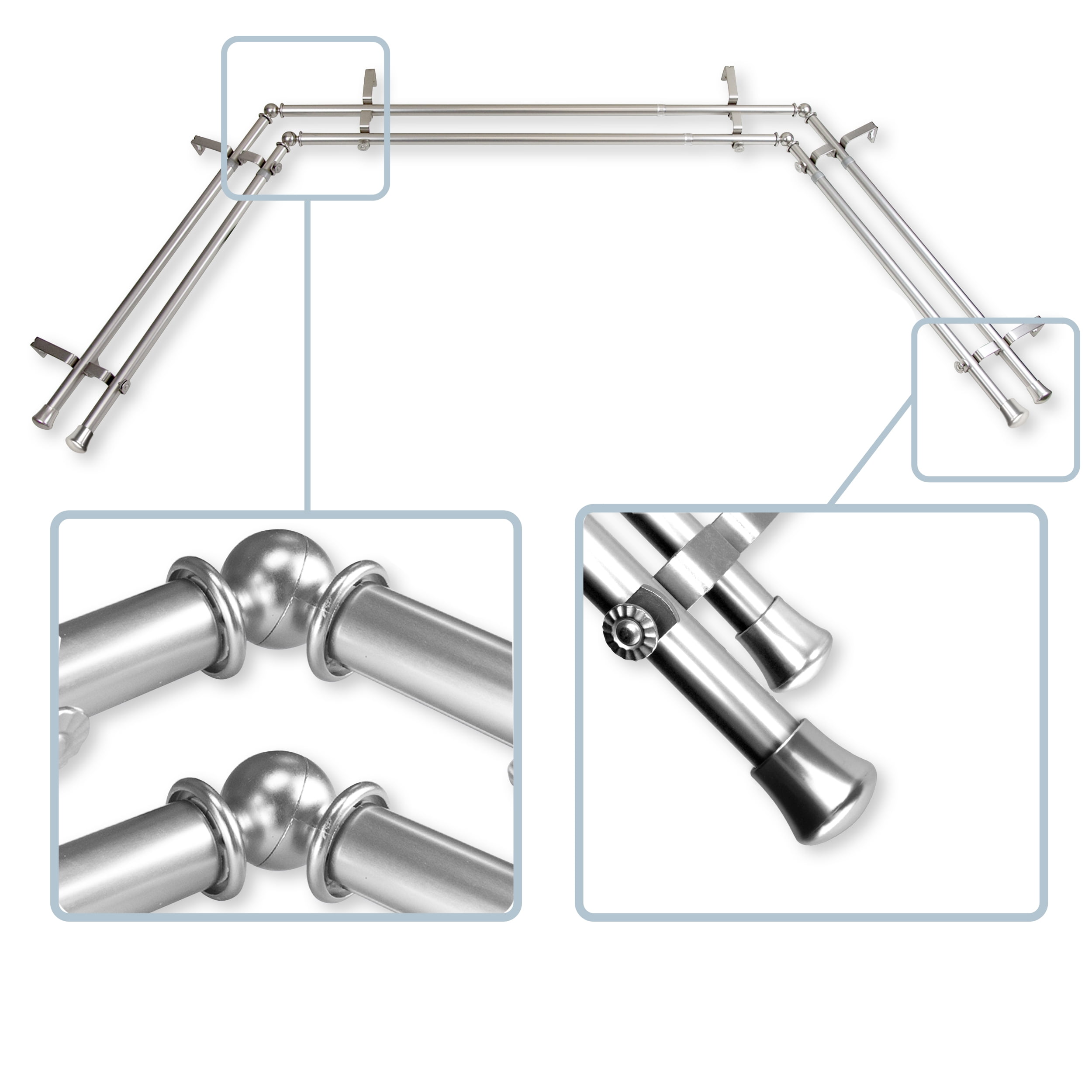 13/16" Dia Bay Window Double Curtain rod, Adjustable 20"-36", 38"-72 ...