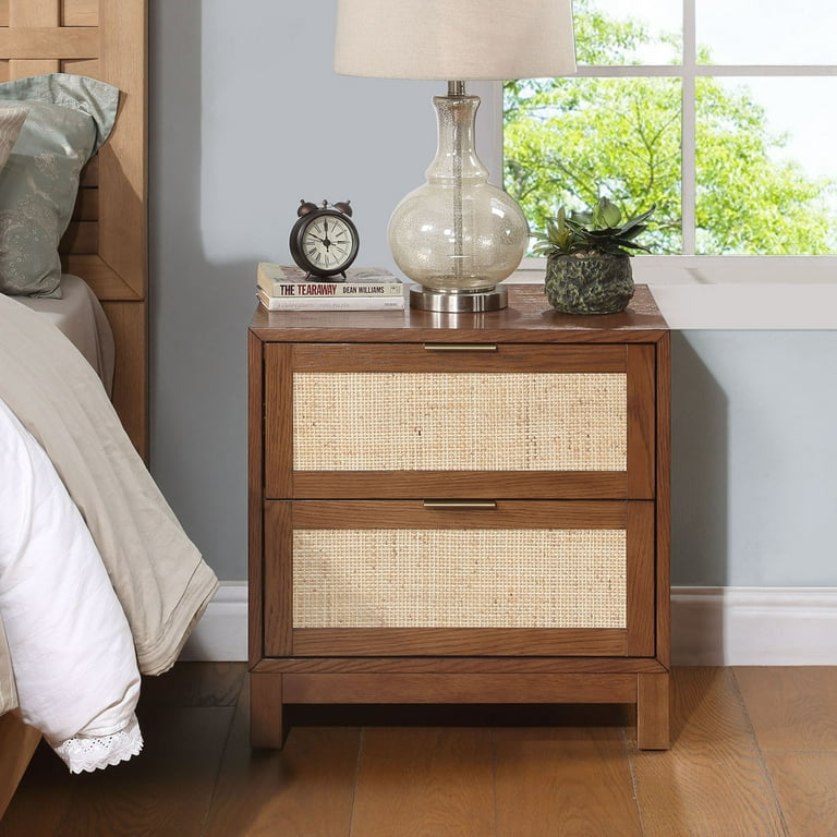 Rattan Nightstand Wood End Table Side Table with 2 Hand Made Rattan Decorated Drawers Boho Bedside Table Wood Accent Table with Storage for Livingroom Bedroom Dark Oak Walmart