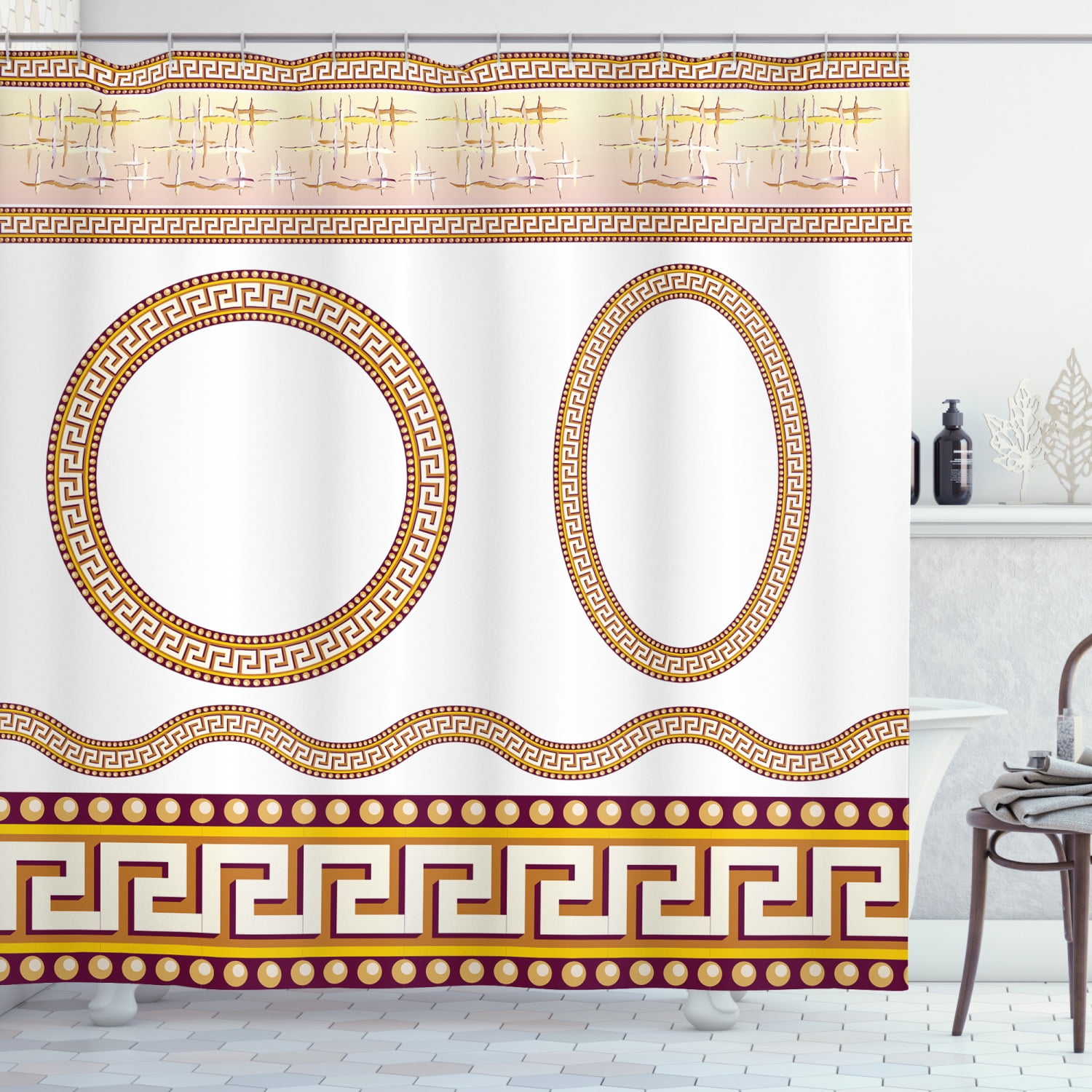 Greek Key Shower Curtain, Ancient Fret Pattern in Oval and Circle ...