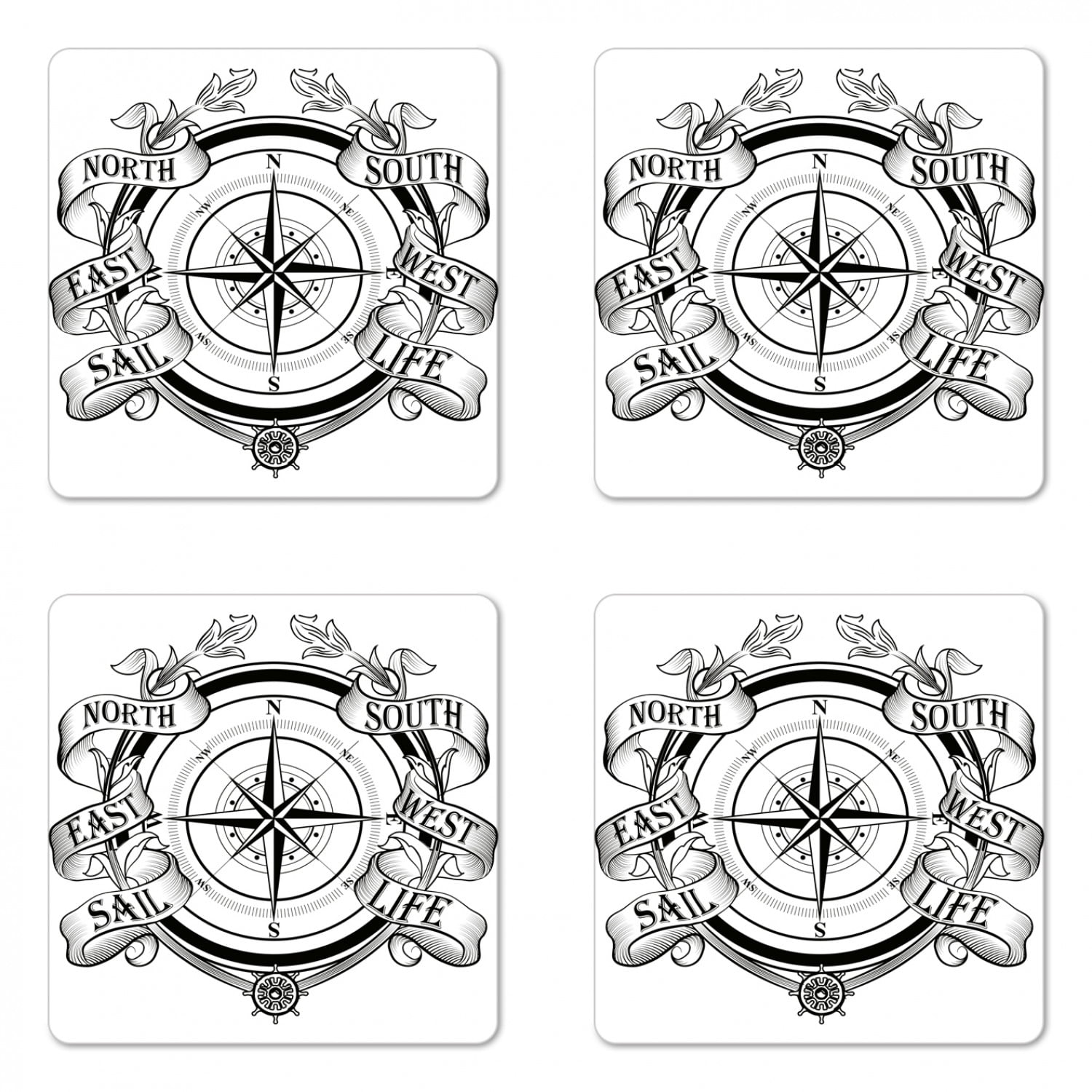 Compass Coaster Set of 4, Navigation Device Direction Flares Sail Life ...