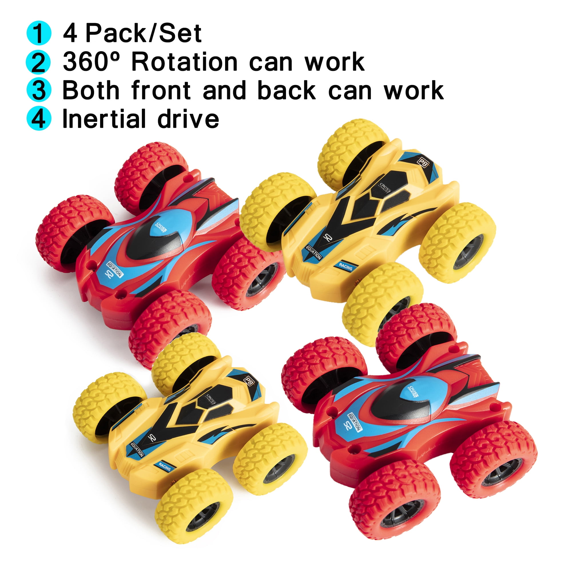 SAYFUT 4 Pack Friction Powered Car Toys, Double-sided Stunt Flip ...