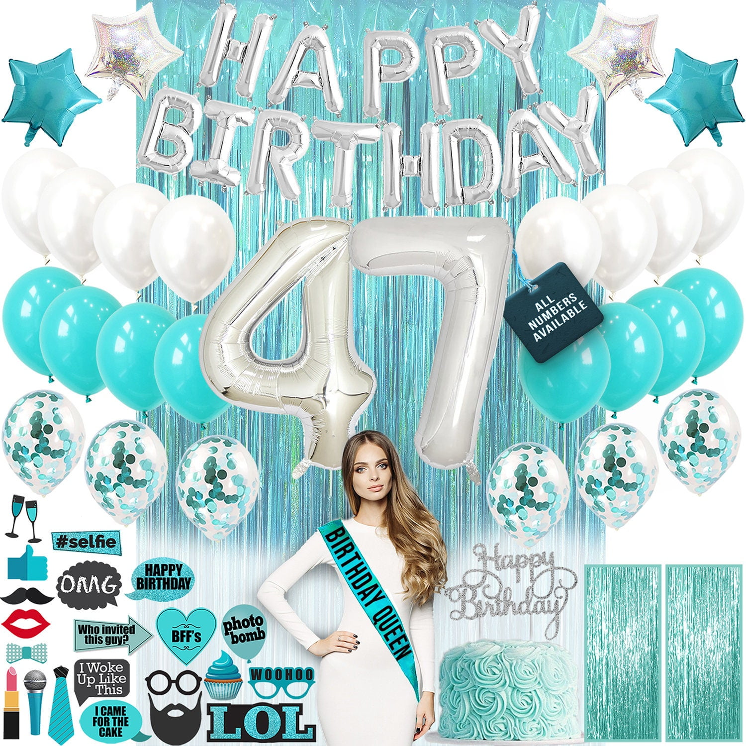 47th Birthday Party Decorations for Women Teal Green, 47 Cake Topper ...
