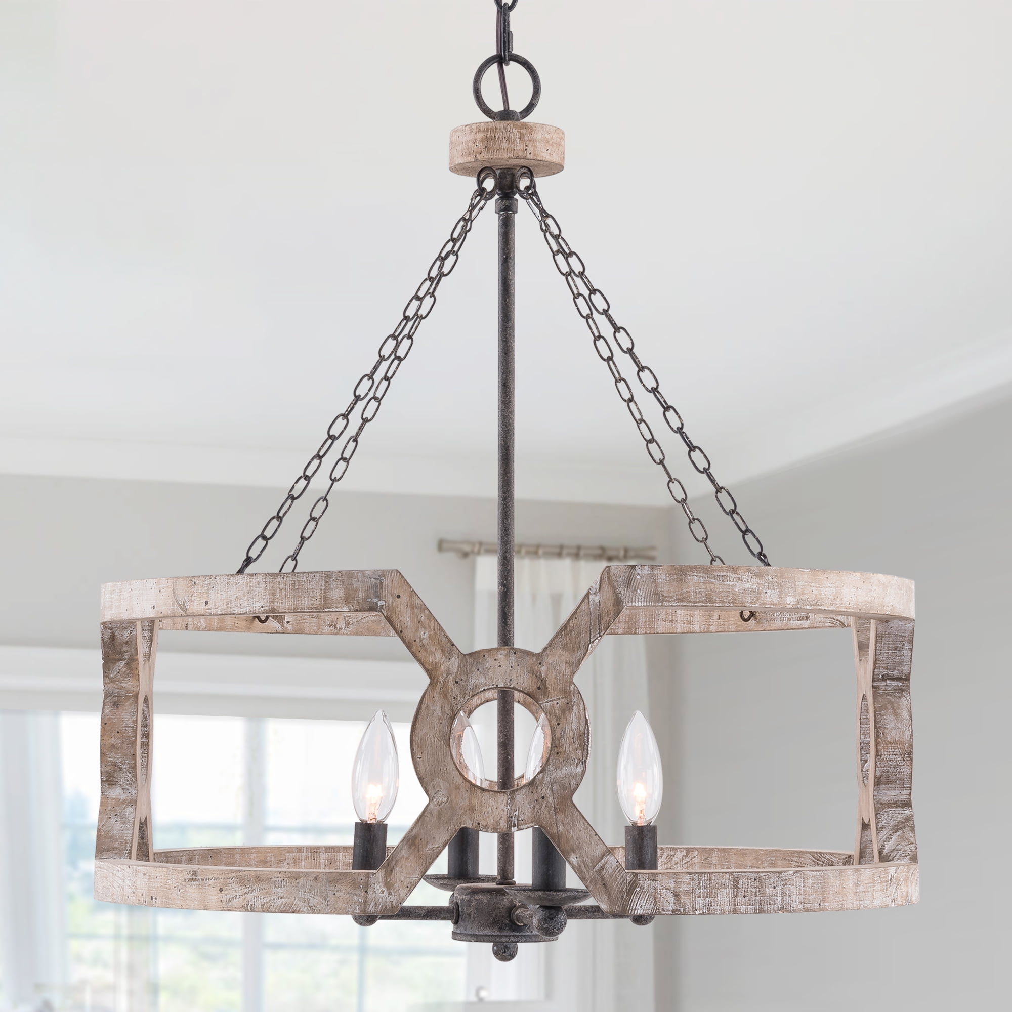 4-Light Round Wooden Chandeliers Kitchen Island Pendant Light ...