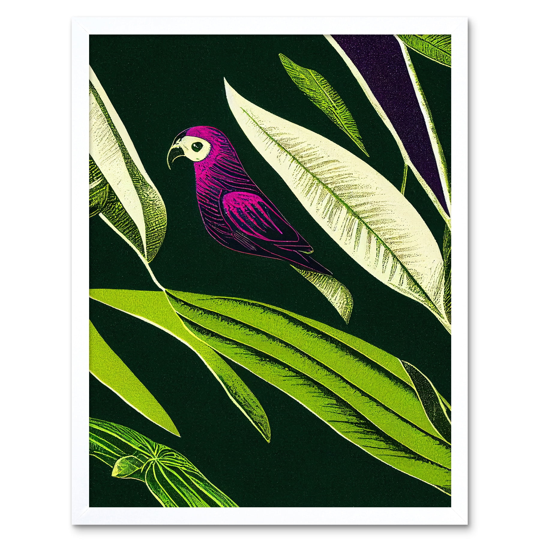 Pink Parrot and Tropical Plant Leaves Vintage Linocut Pattern Detail ...