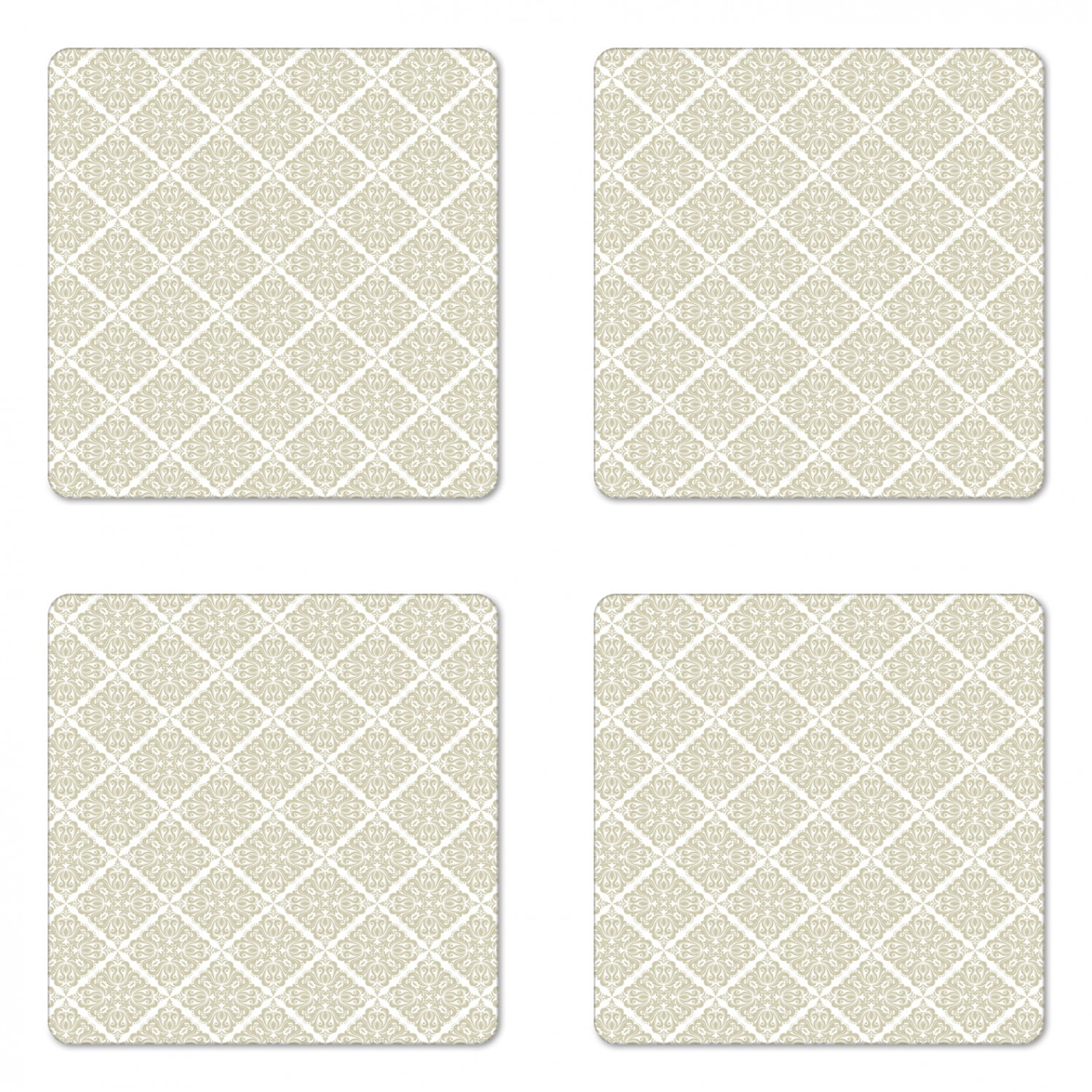Damask Coaster Set of 4, Nature Tones Rhombus Style Ivy Floral Elements ...