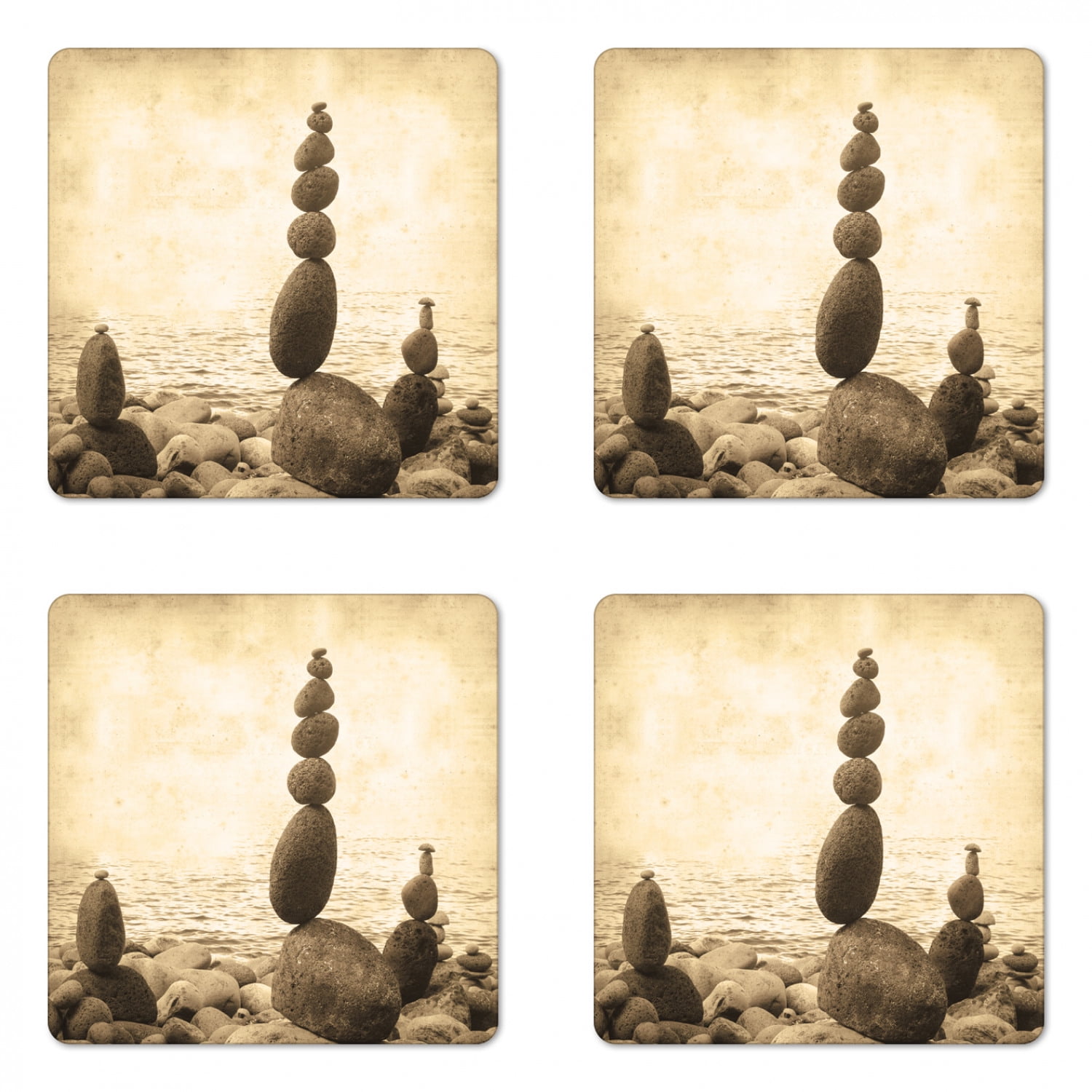 Ocean Coaster Set of 4, Coastal Shore Calm Water Print Sepia Big and ...