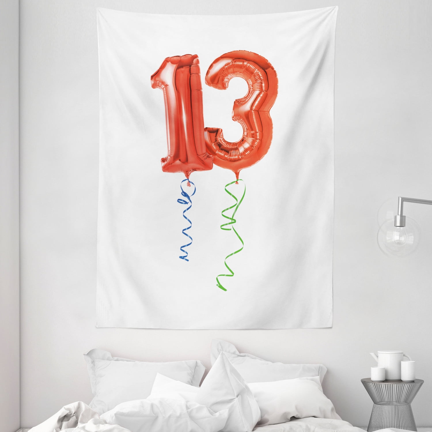 13th Birthday Decorations Tapestry, Red Ballons with Swirled Ribbons ...