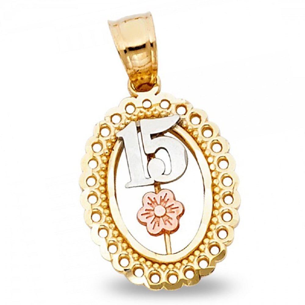 Oval 15 Birthday Flower Pendant 14k Yellow White Rose Gold Quinceanera ...