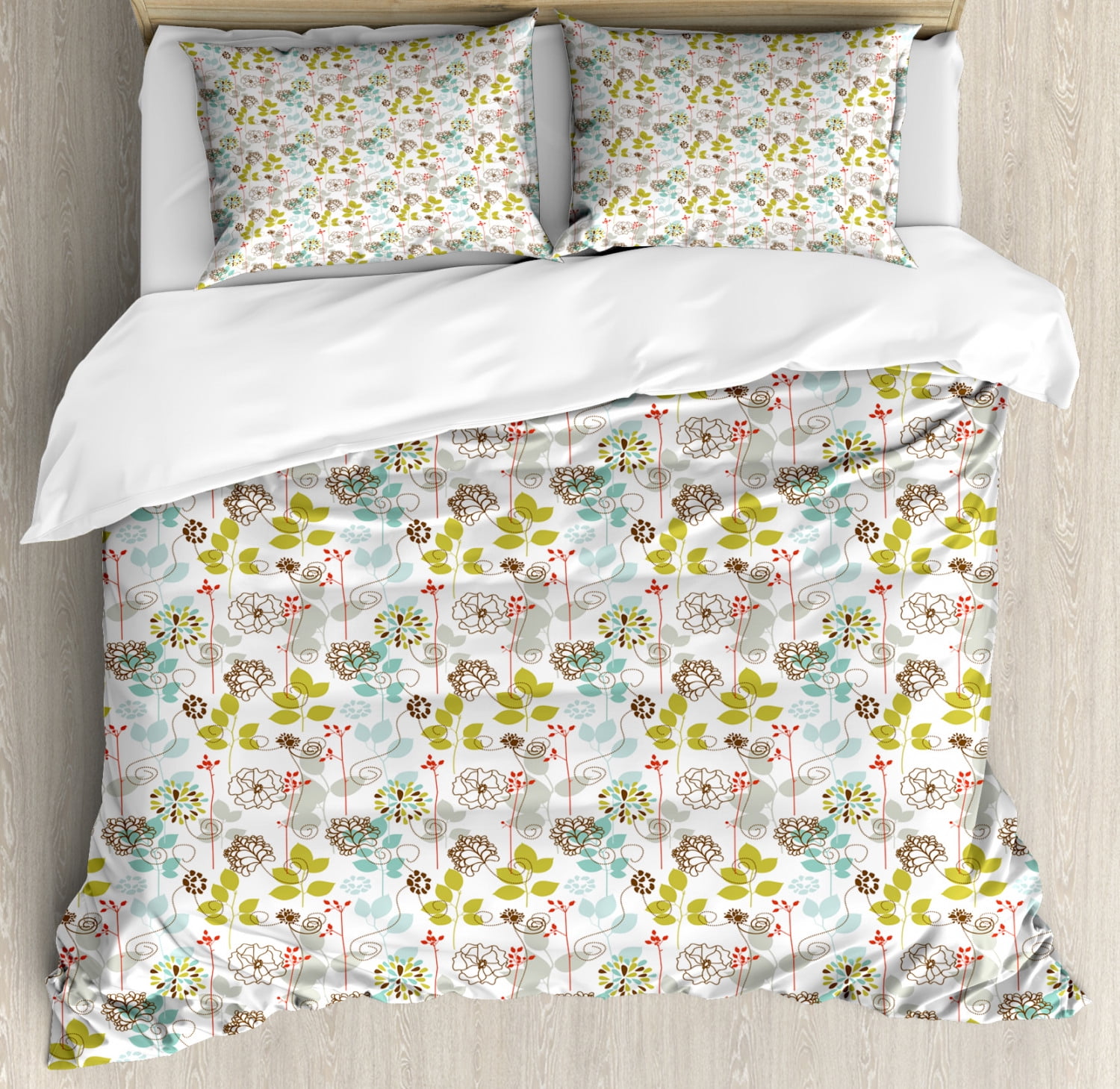 Floral Queen Size Duvet Cover Set Doodle Style Arrangement Of Fresh