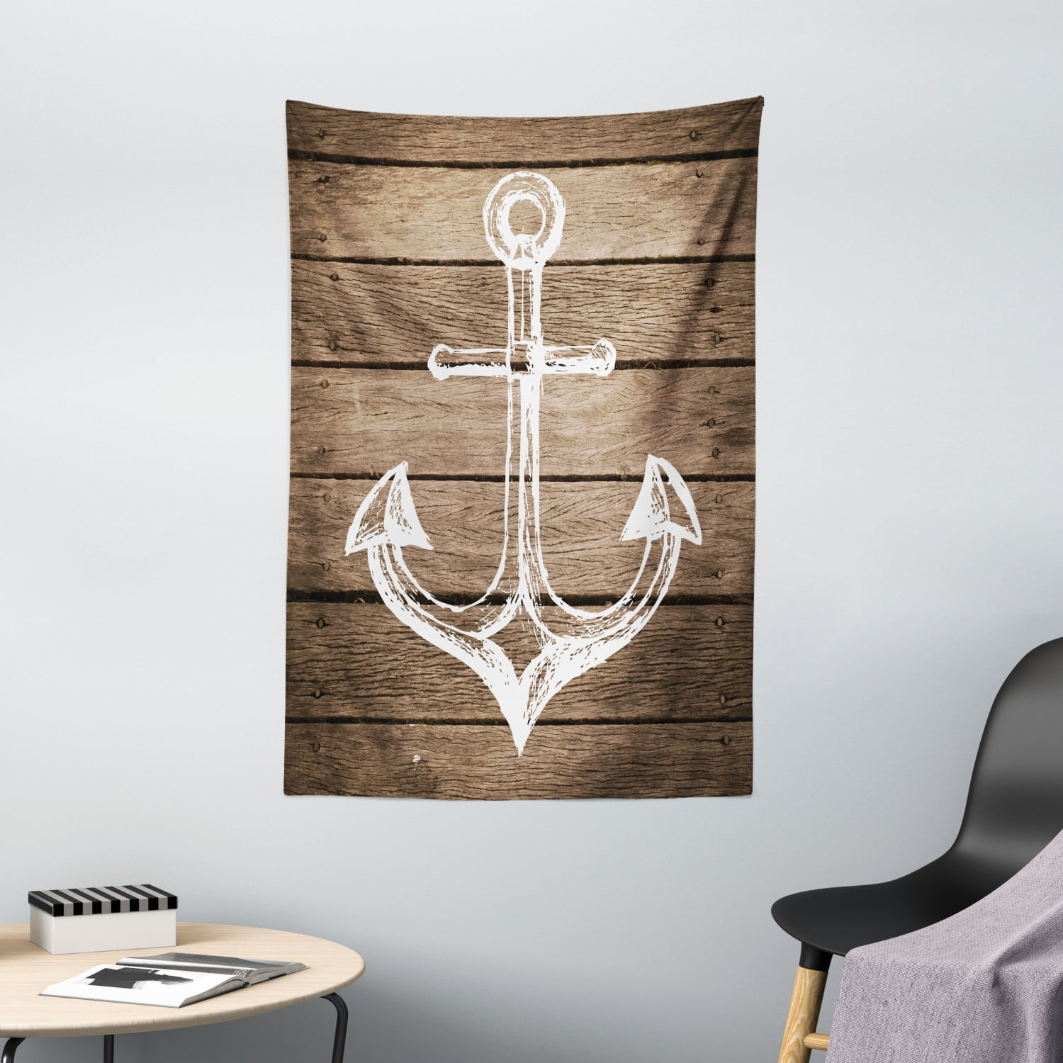 Brown and White Tapestry, Anchor Motif Hand Drawing Boating Sketch ...