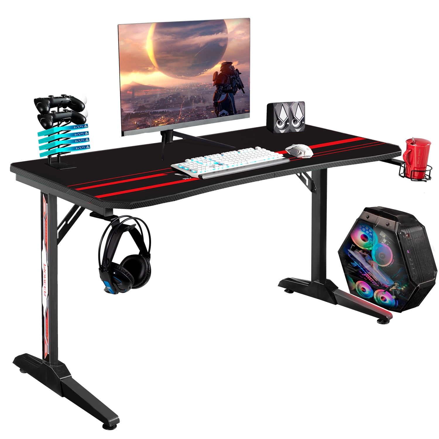 Lacoo 55 Inches Gaming Desk T Shaped Metal Frame Gaming Desk with Cup ...