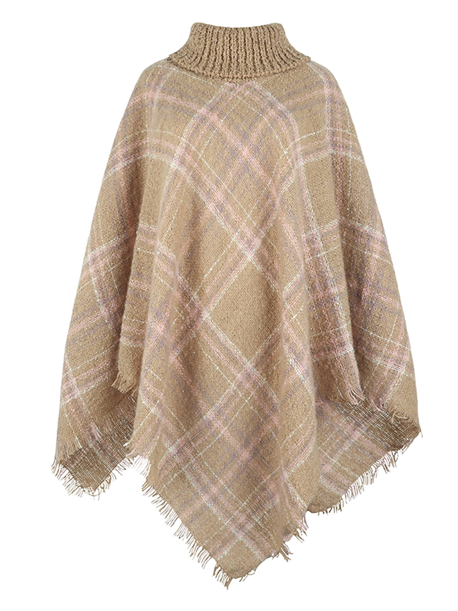 FASHIONWT Women Vintage Checked Fringe Cape Asymmetrical Turtleneck ...