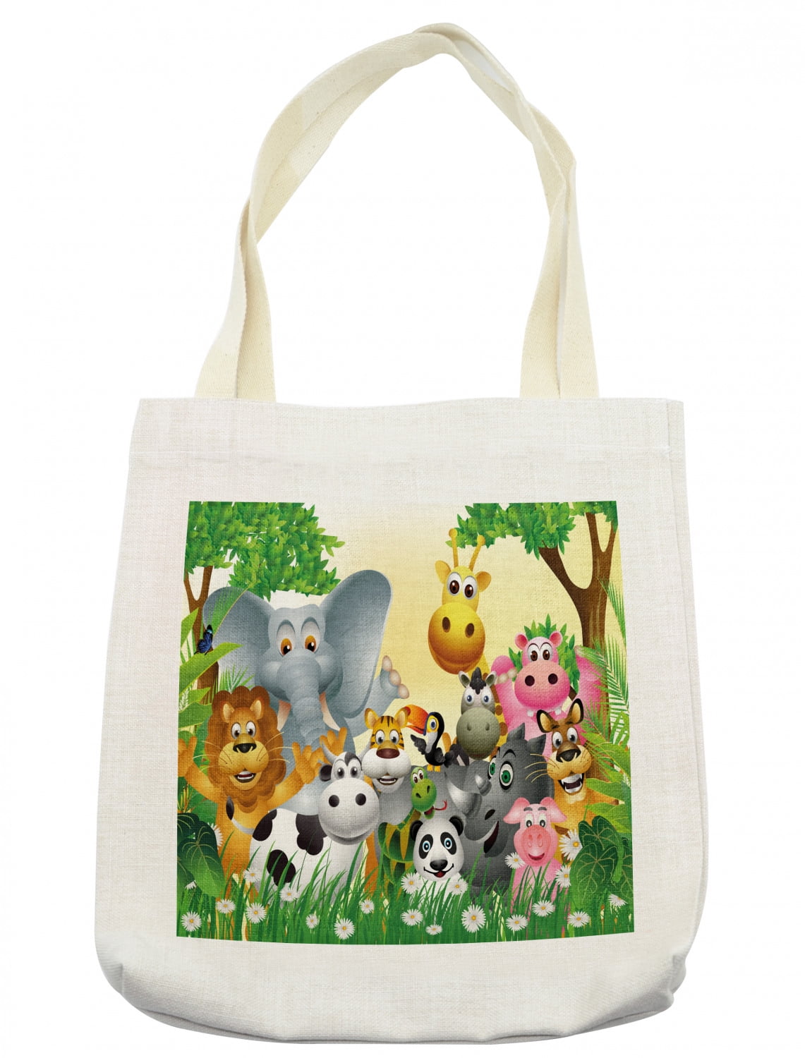 Animal Tote Bag, Animals in Jungle Elephant Giraffe Panda Bear Pig Lion ...
