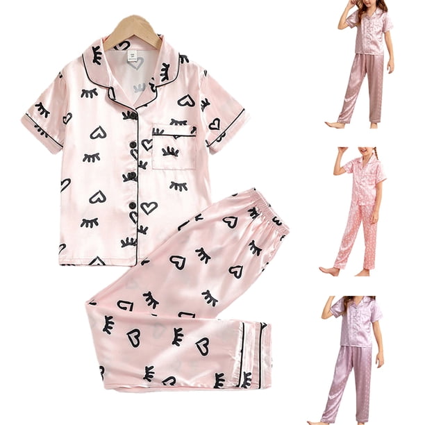 GYRATEDREAM Satin Pajamas for Girls – Dot Print Short Sleeve Silk ...