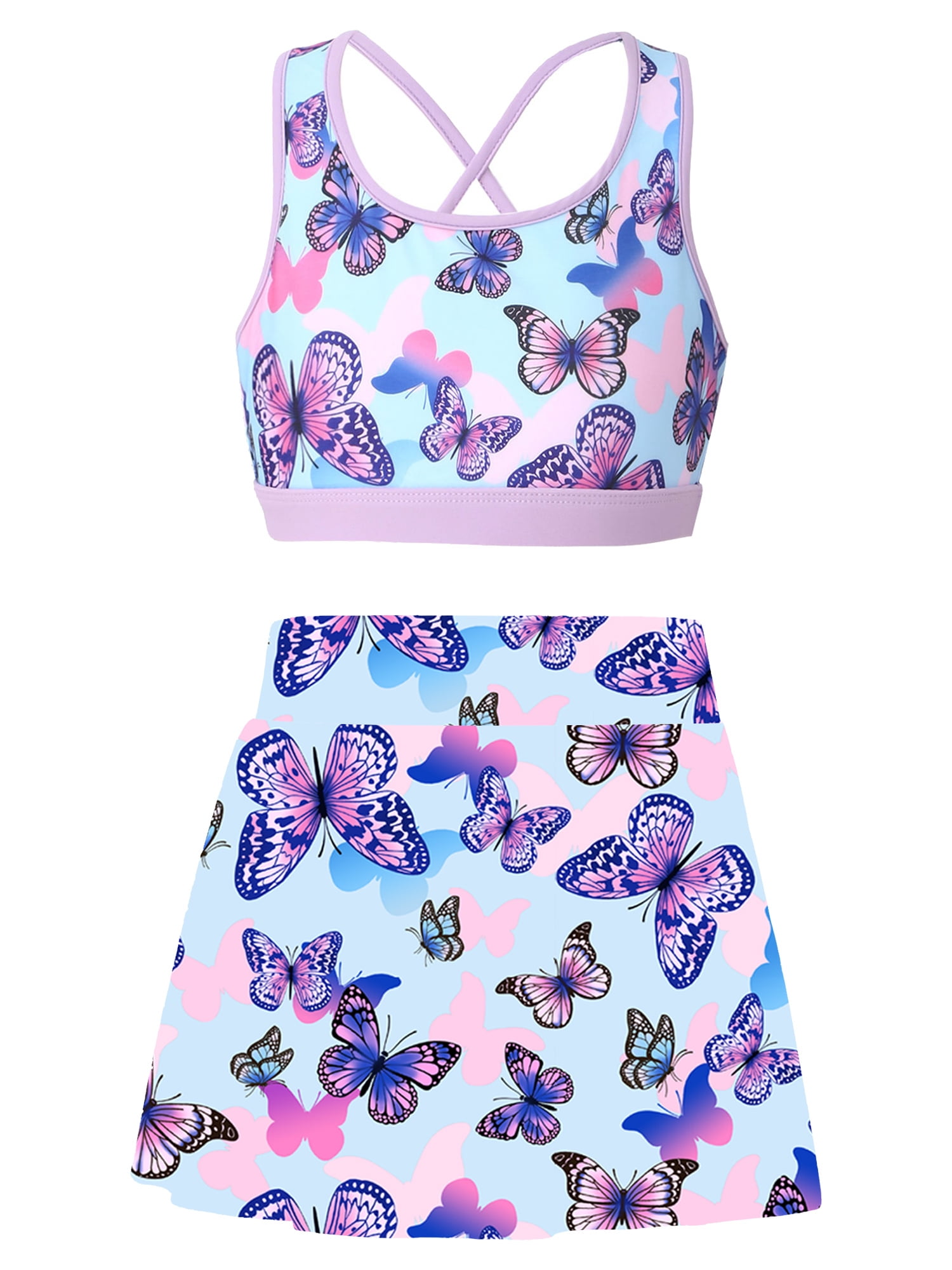iEFiEL Girls Printed Swimwear U Neck Strappy Back Crop Top with Skirt ...