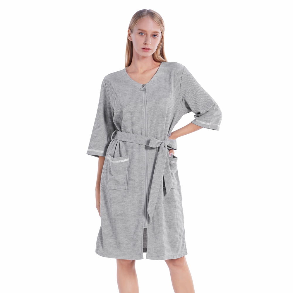 Women Zipper Robe Half Sleeve Housecoat Cotton Waffle Knit Robe Zip up ...