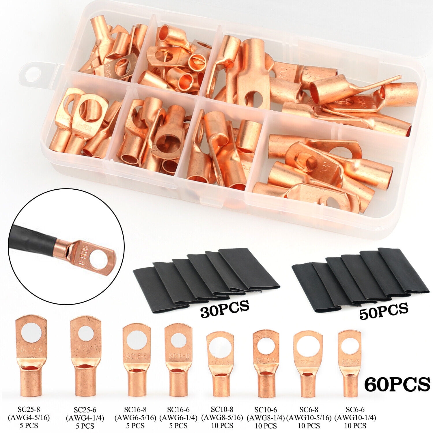 Htwon 60Pcs Battery Terminals Connectors Copper Ring Wire Ends Lugs ...
