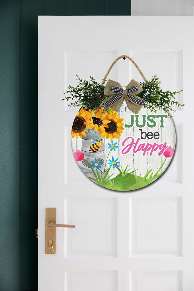 Eveokoki Front Door Porch Decorations Just Be Happy Door Hanging Sign ...