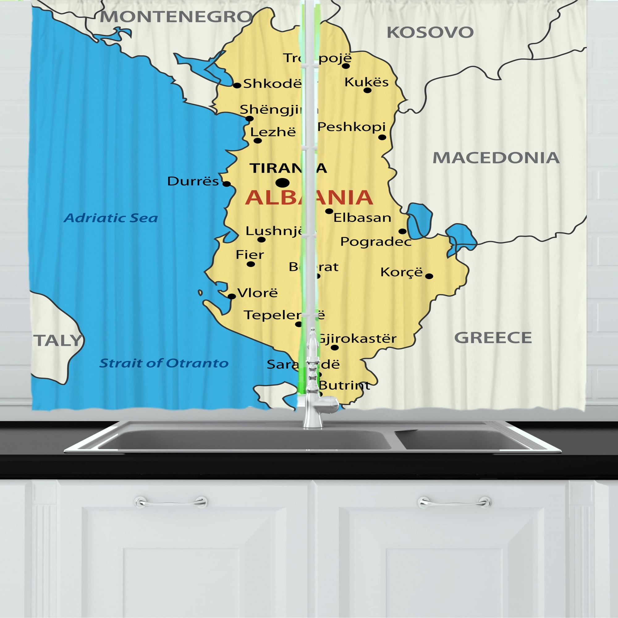 Albania Kitchen Curtains, Illustrated Map of Balkanian Country with ...