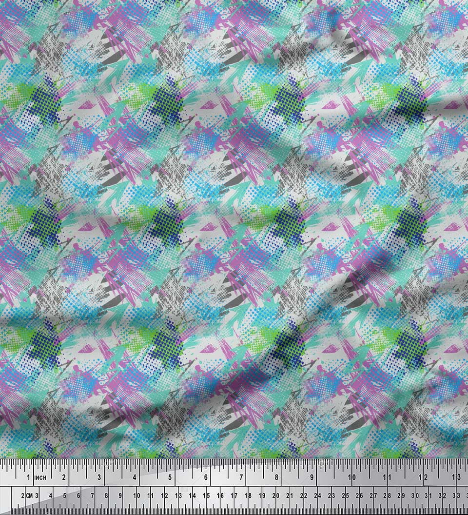 Soimoi Green Modal Satin Fabric Star & Brush Stroke Abstract Print ...