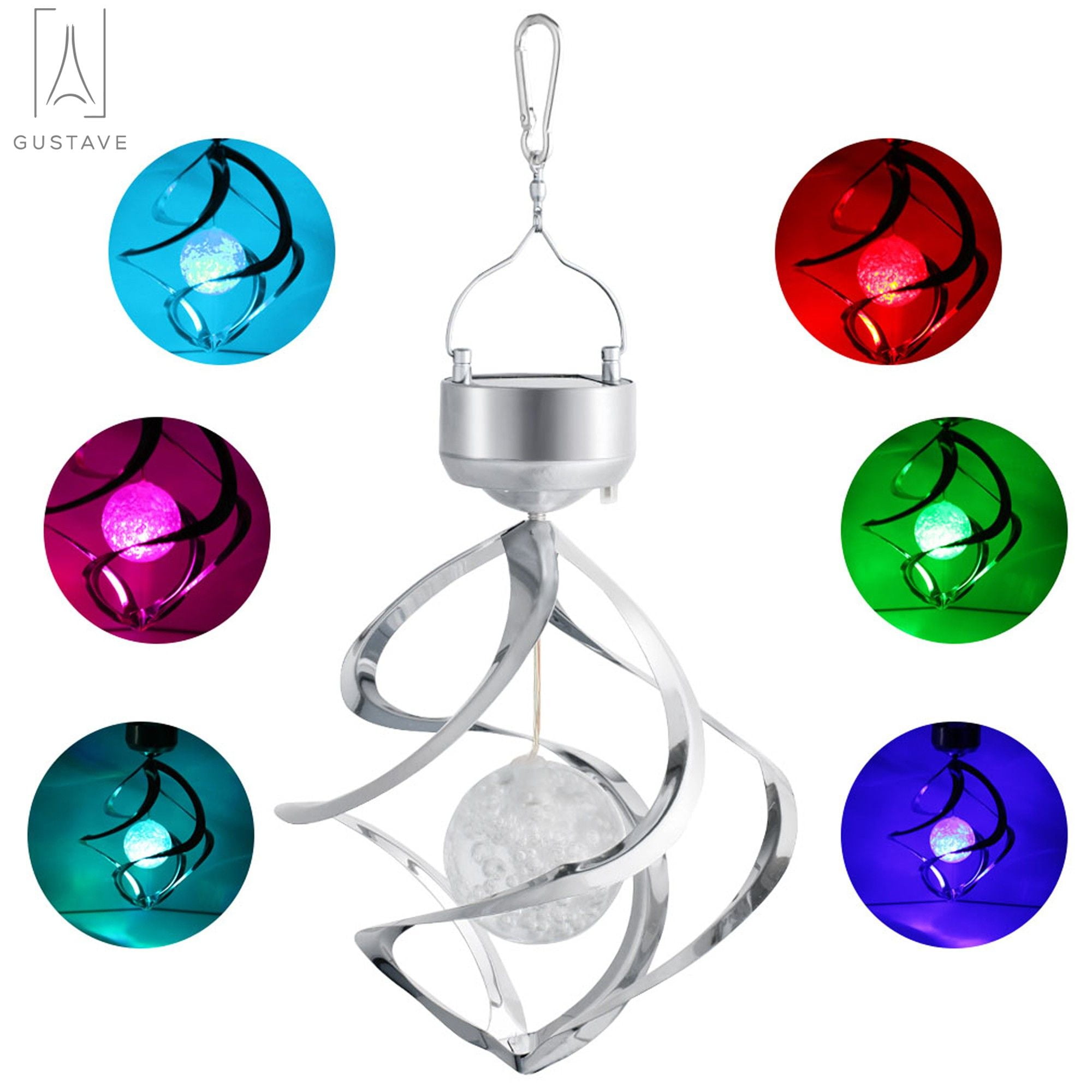 Gustave Solar Powered Wind Chimes LED Spiral Spinner Lamp 7 Color ...