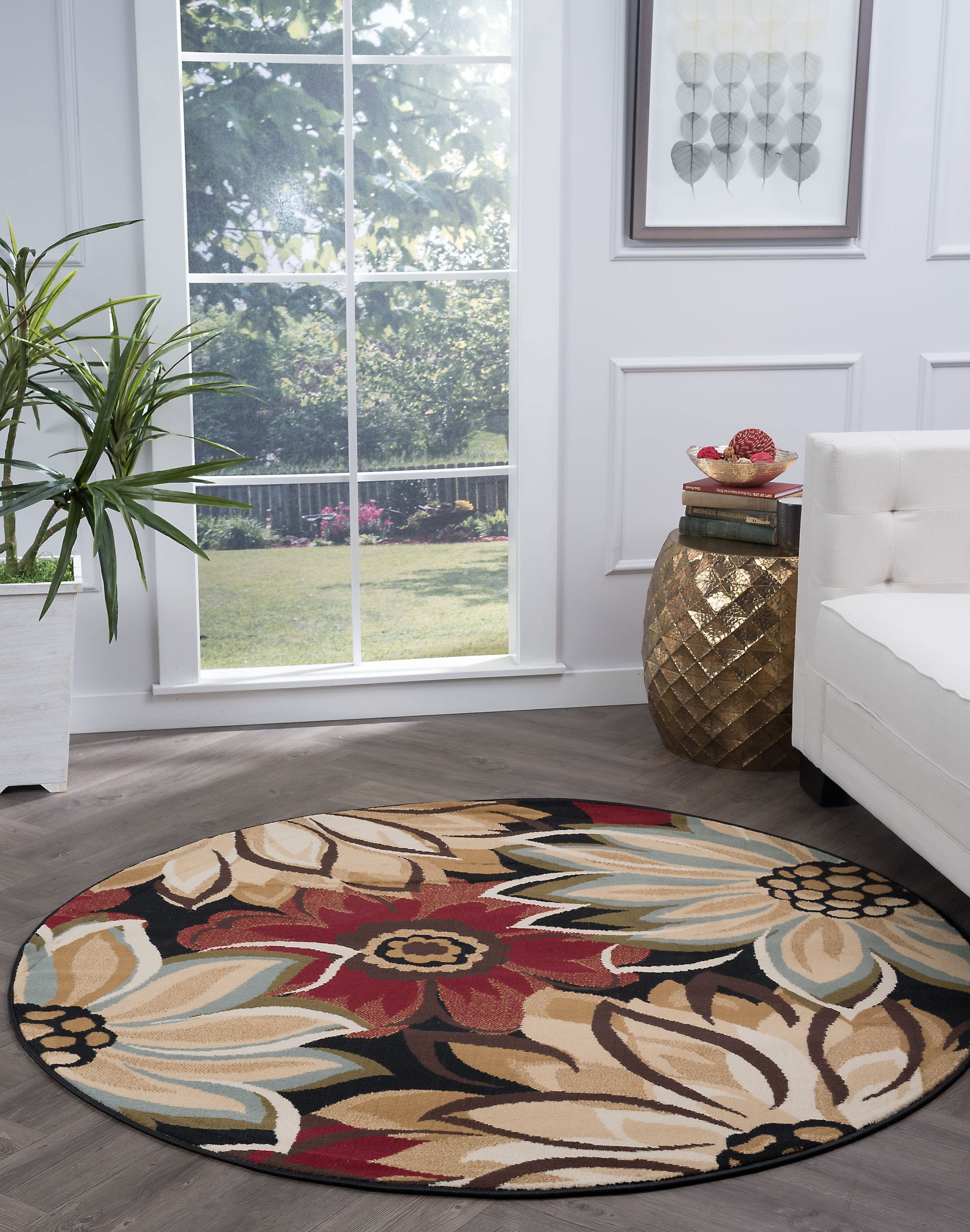Transitional Area Rug (7'10'' Round) Floral Black, Red Indoor Round ...