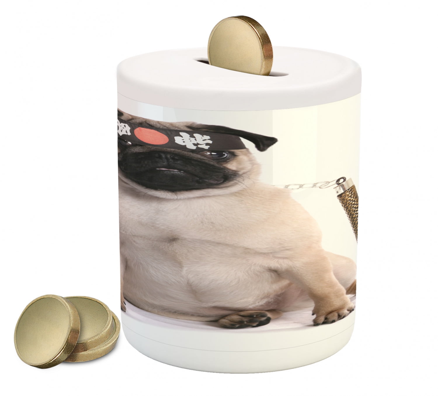 Pug Piggy Bank, Ninja Puppy with Nunchuk Karate Dog Animal Eastern ...