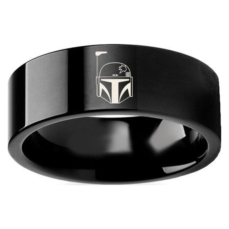 Boba Fett Helmet Symbol Star Wars Polished Black Tungsten Engraved Ring ...