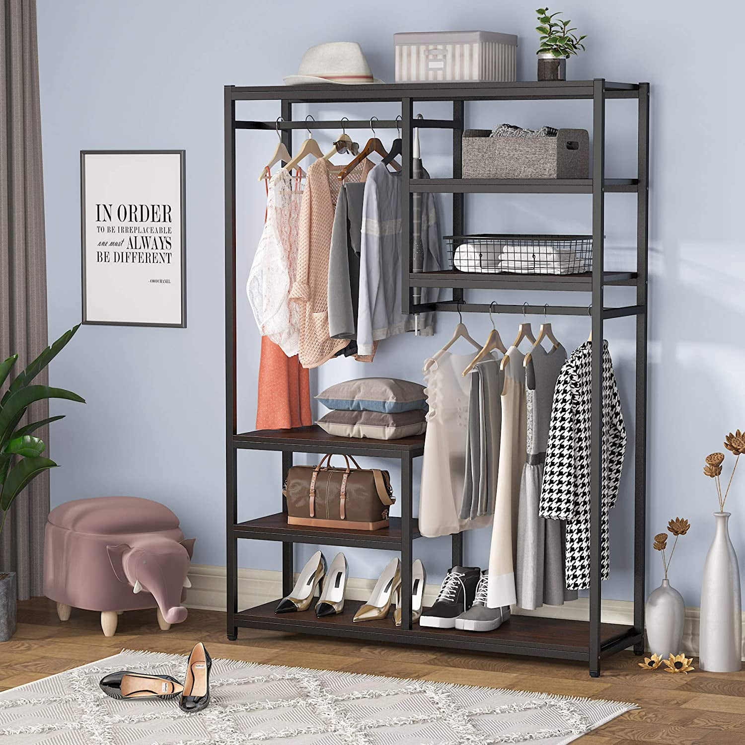 Freestanding Closet Organizer Garment Rack with Hanging Rod and Storage ...