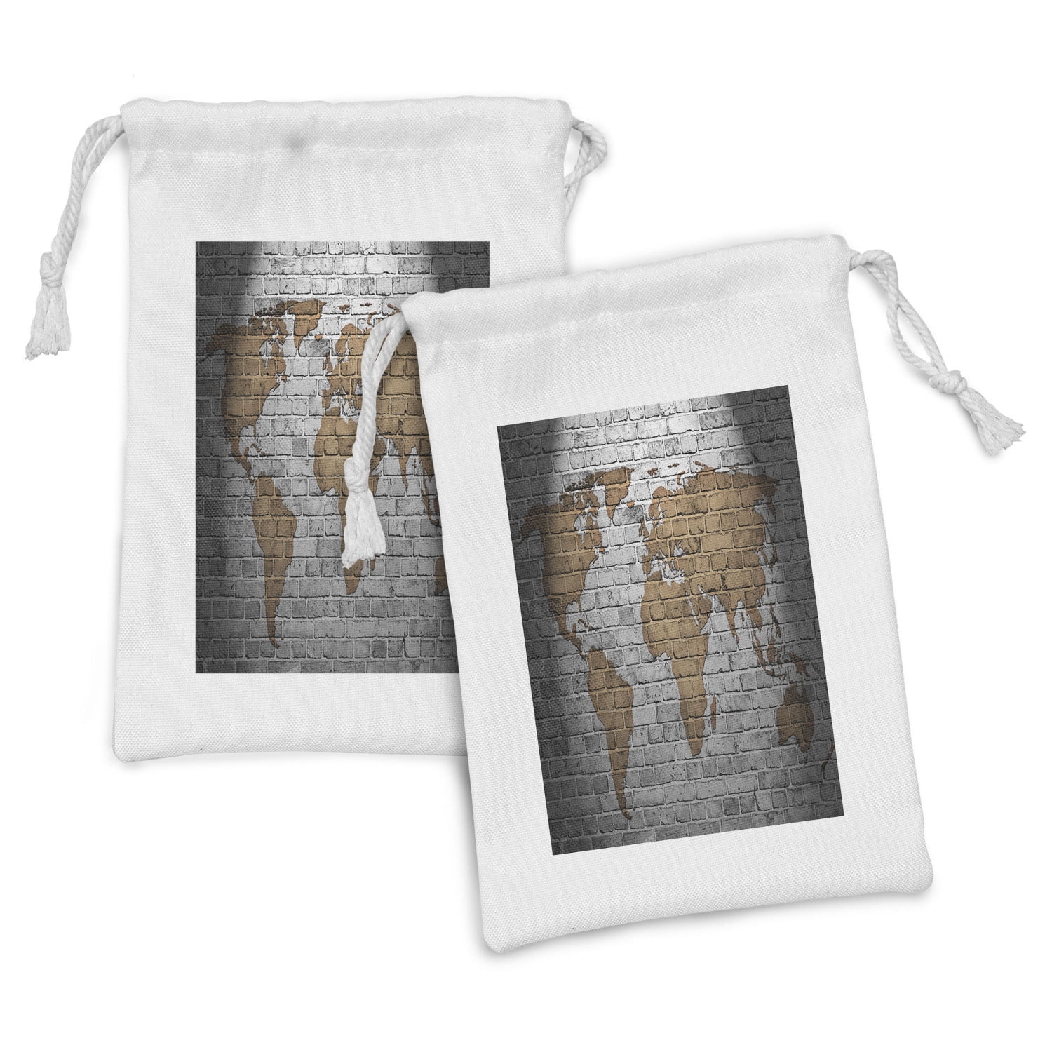 Wanderlust Fabric Pouch Set of 2, World Map on Old Brick Wall Countries ...