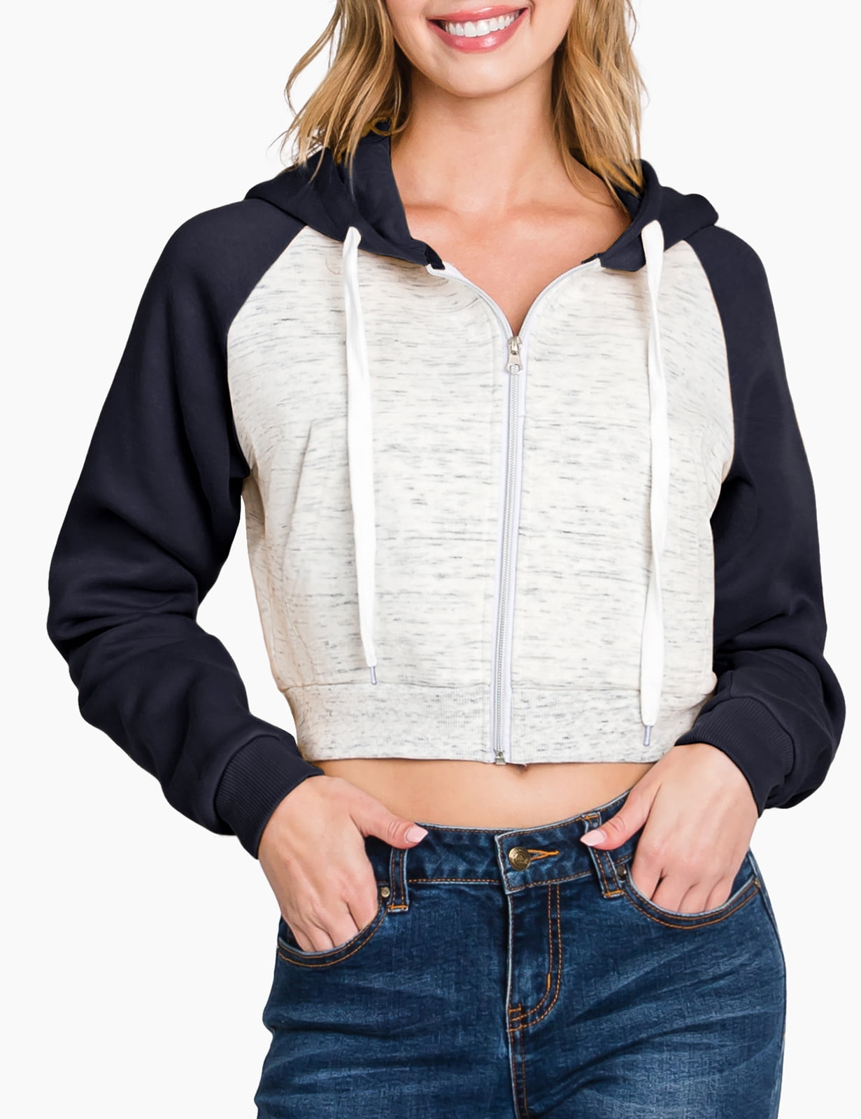 Doublju Women's Contrast Raglan Sleeve Crop Zip Up Hoodie With Kangaroo ...