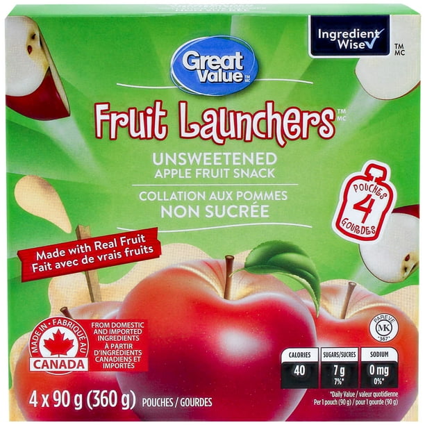 Great Value Fruit Launchers Unsweetened Apple Fruit Snack, 4 x 90 g ...