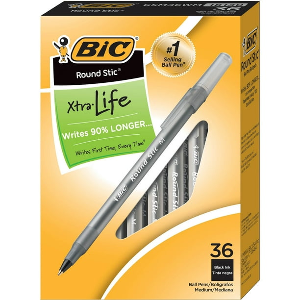 BIC® Round Stic® Xtra Life Ballpoint Pens, Medium Point, 1.0 mm, Translucent Barrel, Black Ink ...