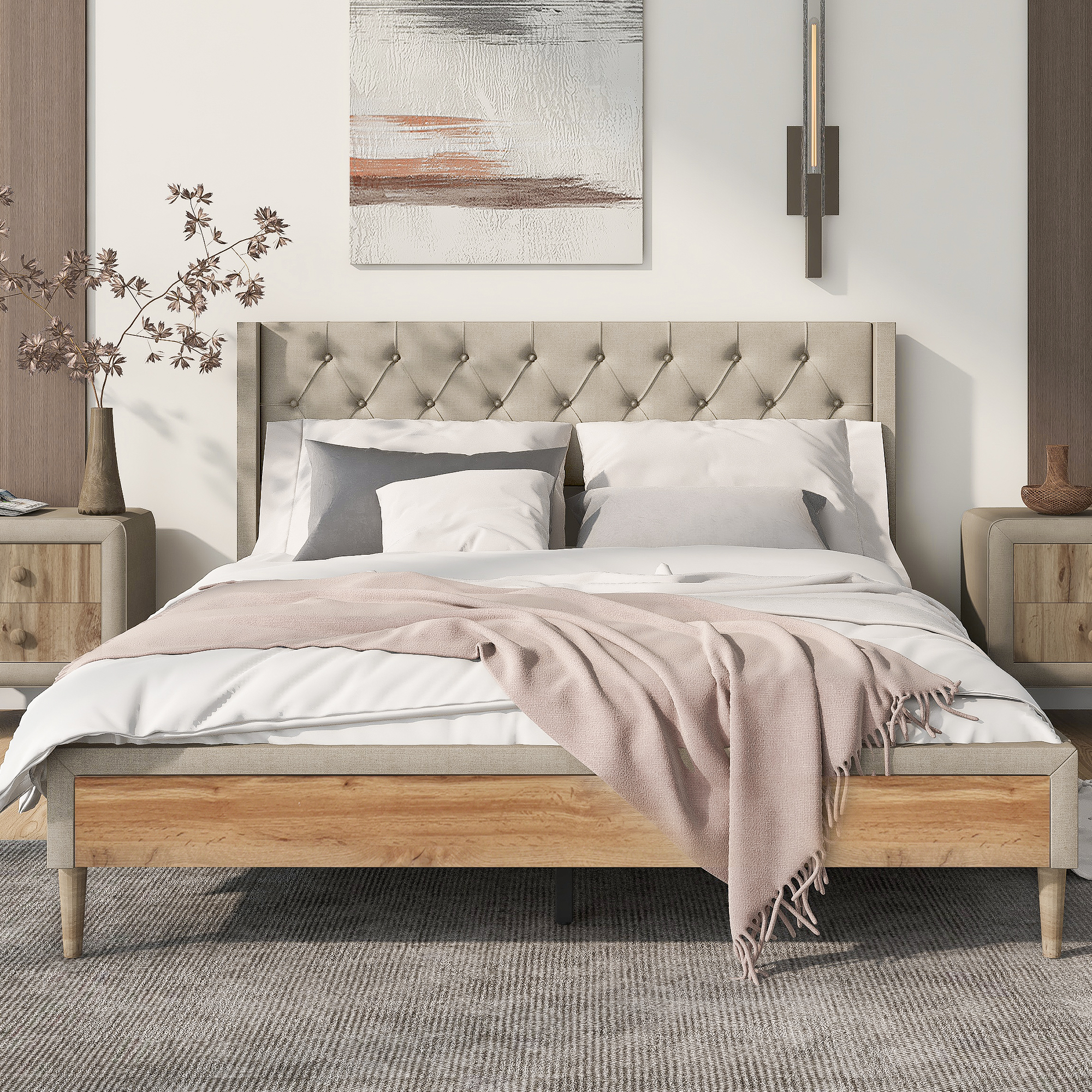 Upholstered Platform Bed Frame with Rubber Wood Legs, Modern ...