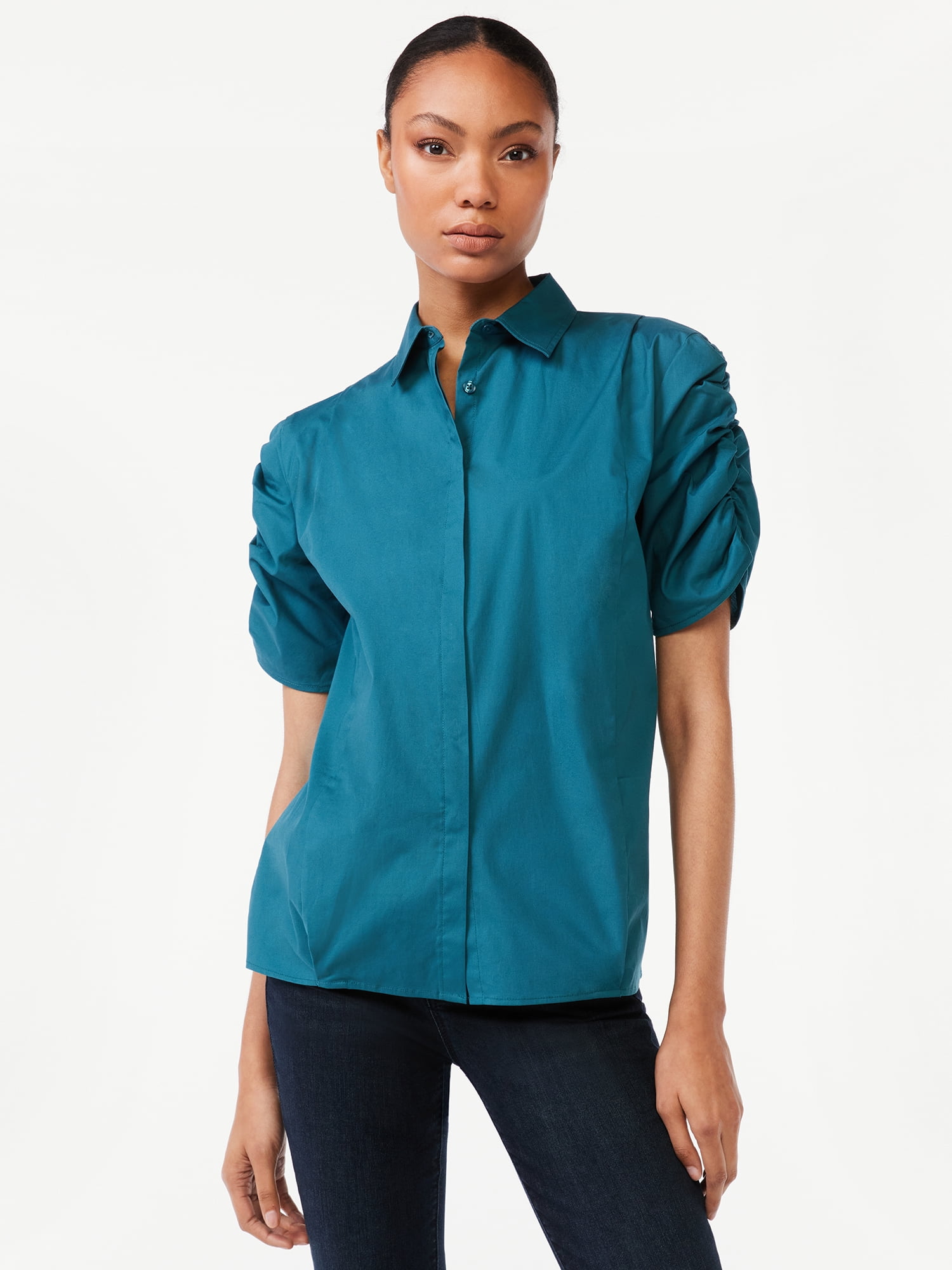 Scoop Women's Oversized Button-Up Shirt with Ruched Short Sleeves ...