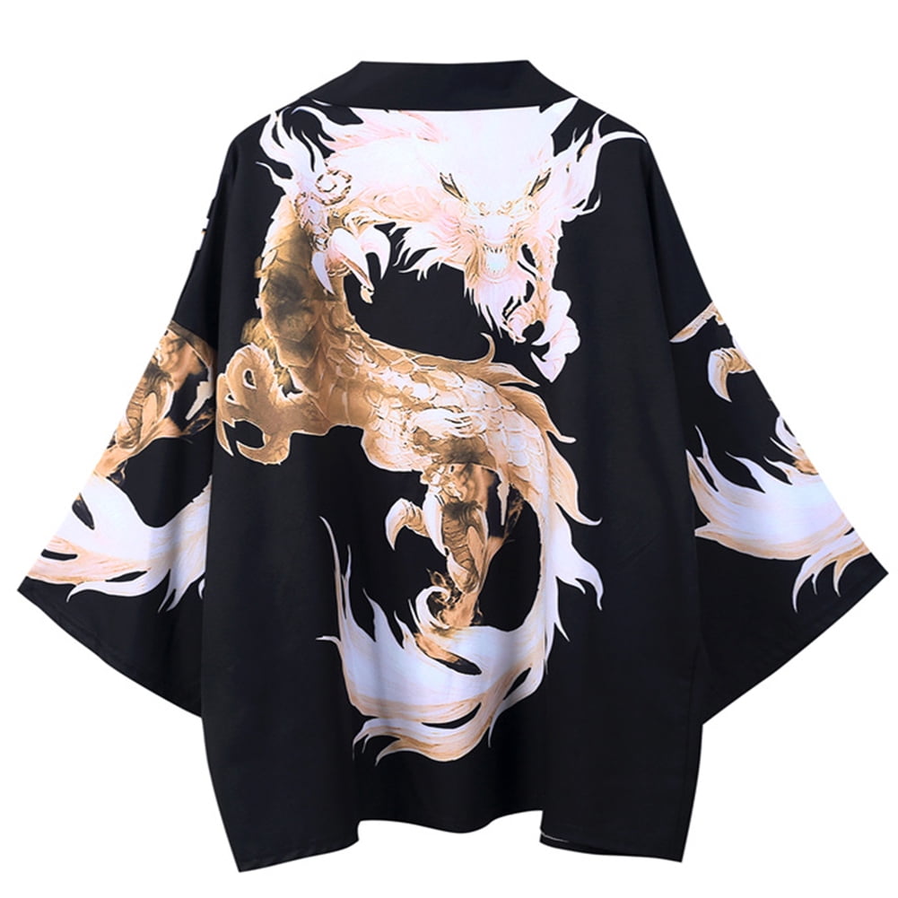 Men Women Cardigan Robe Chinese Dragon Kimono Summer Loose 3/4 Sleeve ...