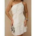 Beige Layered Lotus Leaf Mini Dress For Women, One Shoulder Sleeveless ...