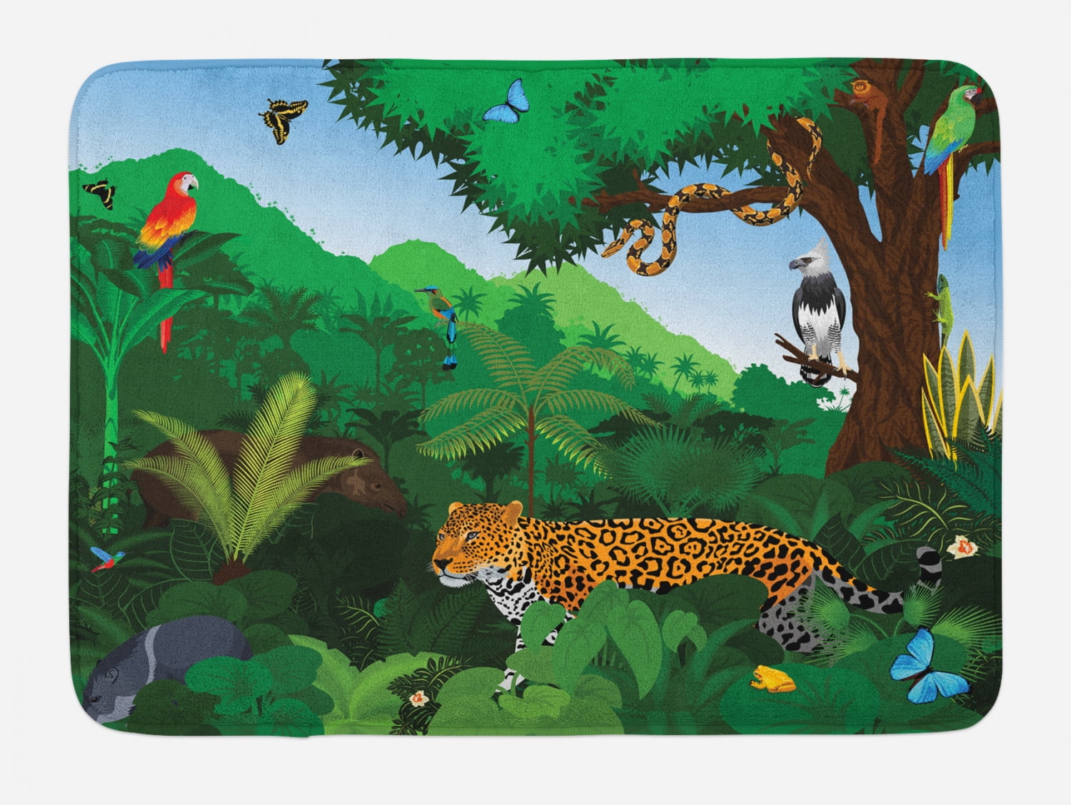 Jaguar Bath Mat, Animals in Rainforest Exotic Birds Snakes and Tapirs ...