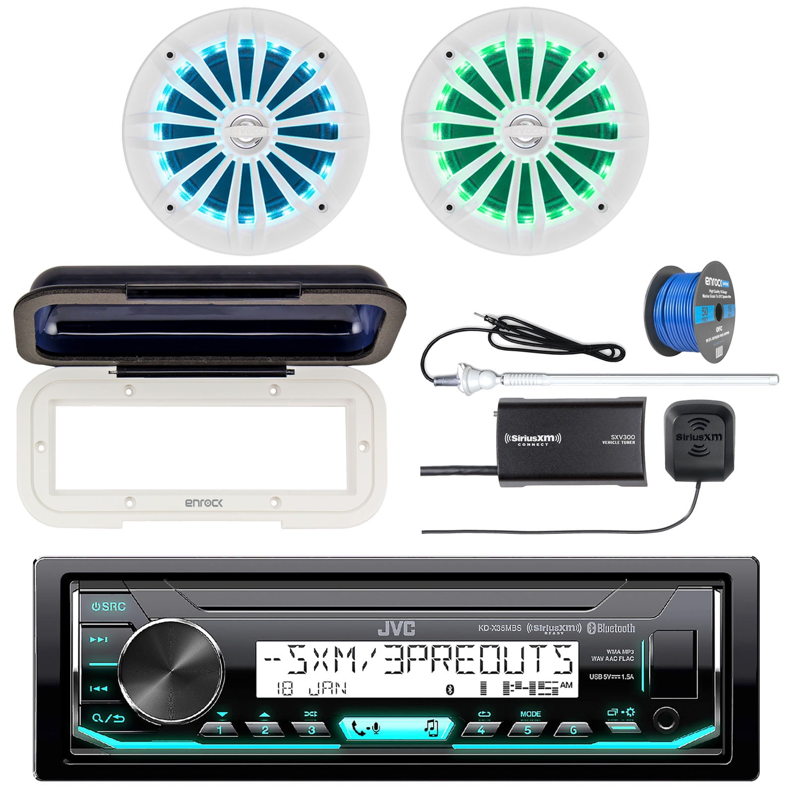 JVC KD-X35MBS Marine AM/FM Bluetooth SiriusXM Receiver, Radio Cover, 2x Enrock 6.5" 2 Way 200 ...