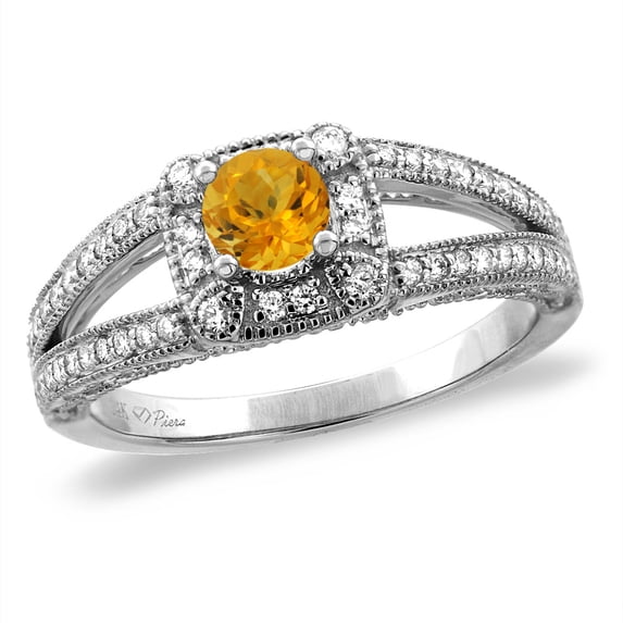 14K White Gold Diamond Natural Citrine Halo Engagement Ring Split Shank ...